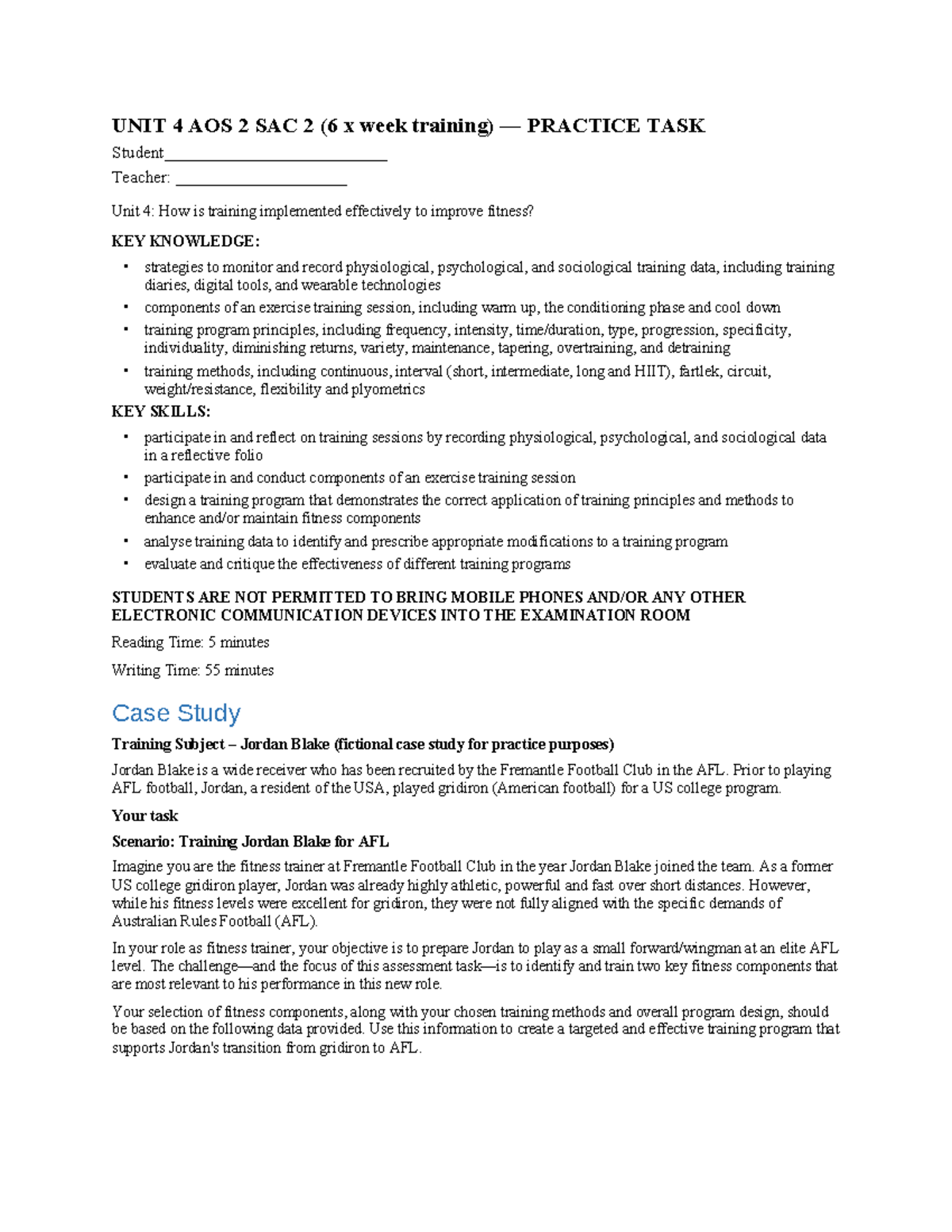 UNIT 4 AOS 2 SAC 2: 6-Week Training Program for Jordan Blake's AFL ...