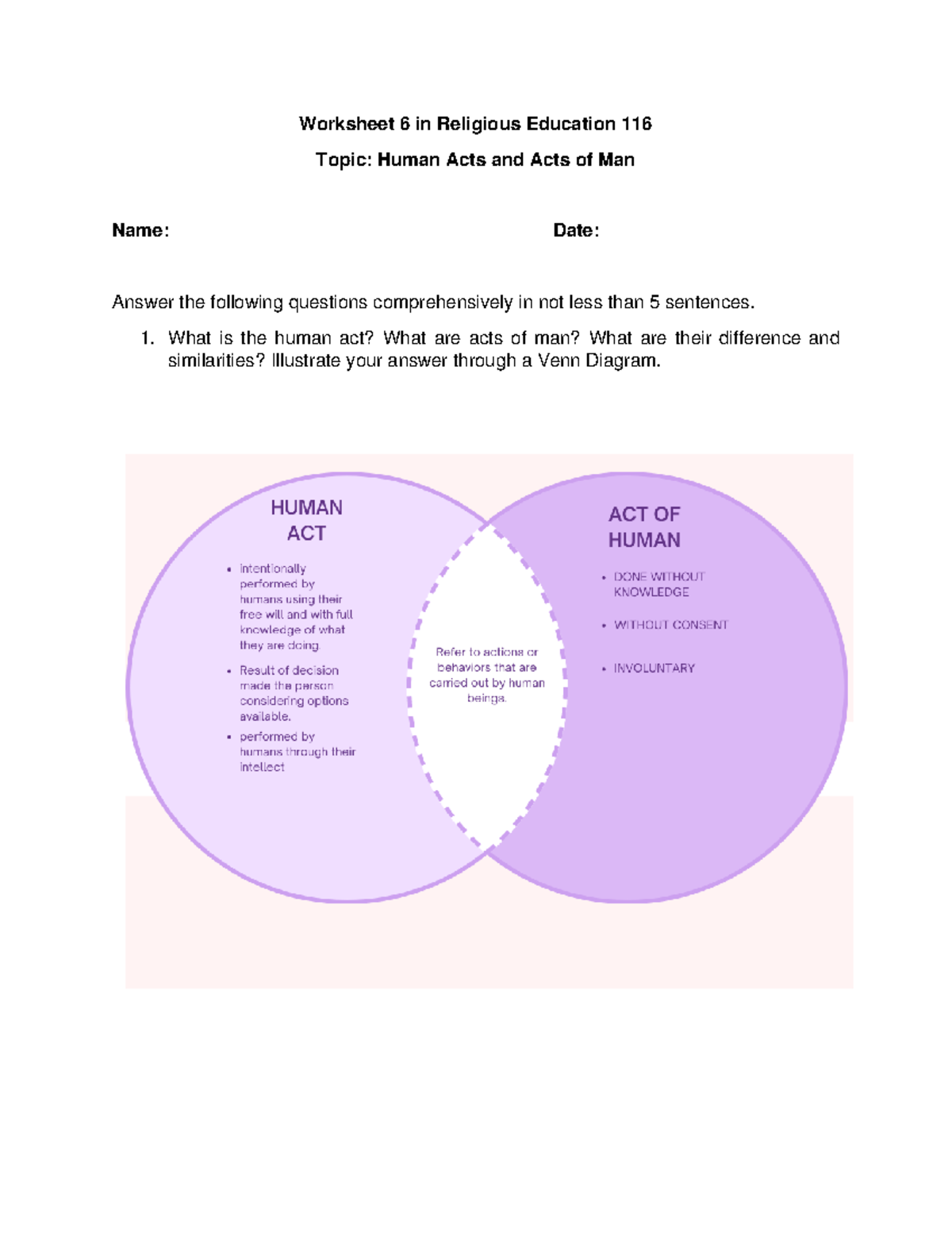 Worksheet RE116: Human Acts vs. Acts of Man Analysis - Studocu