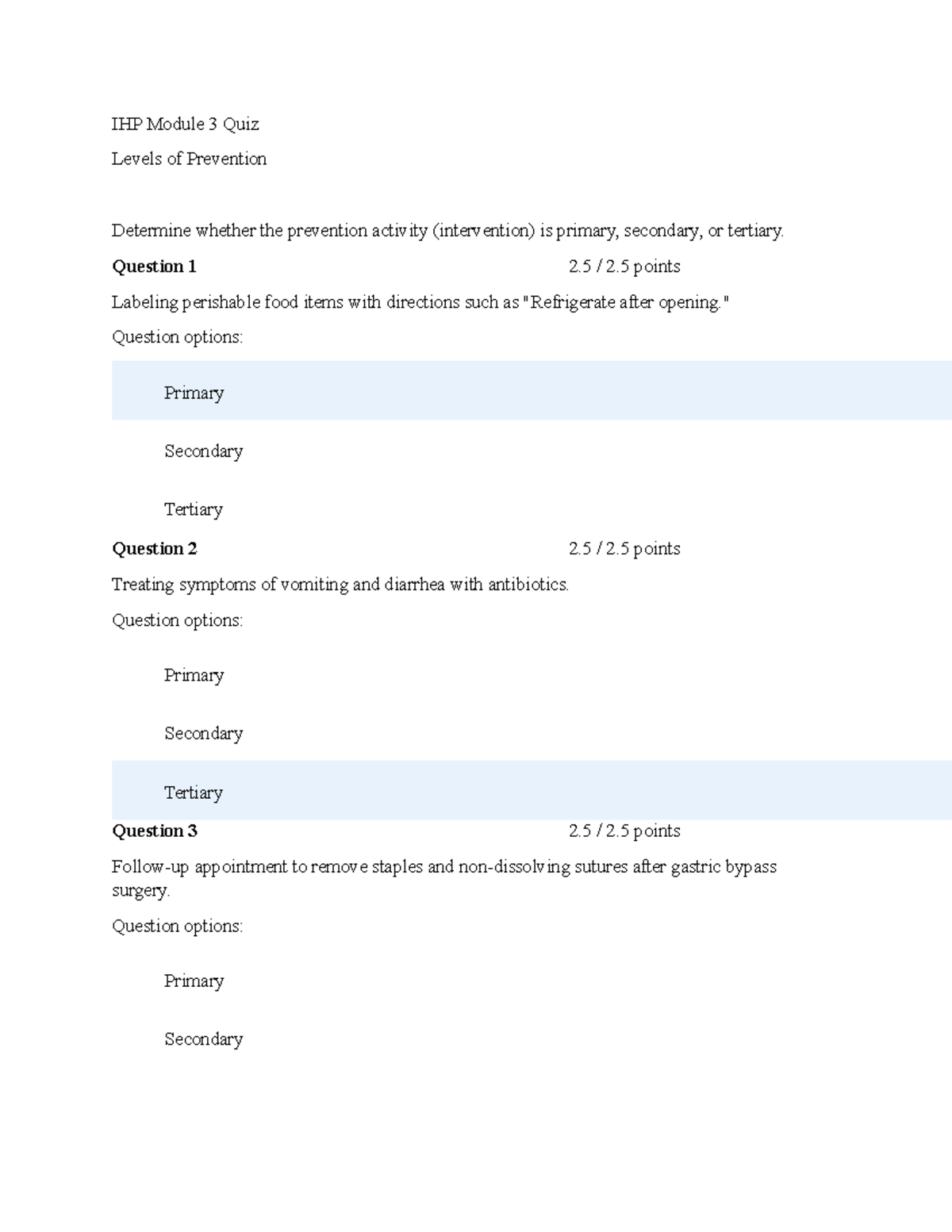 IHP 330 Module 3 Quiz: Levels of Prevention Answers - Studocu