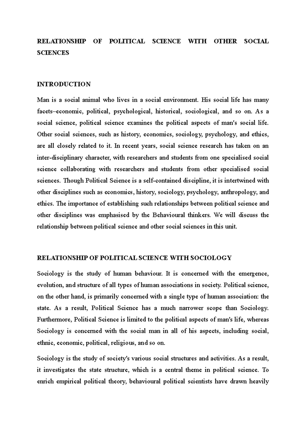 Exploring Political Science Relations with Other Social Sciences - Studocu