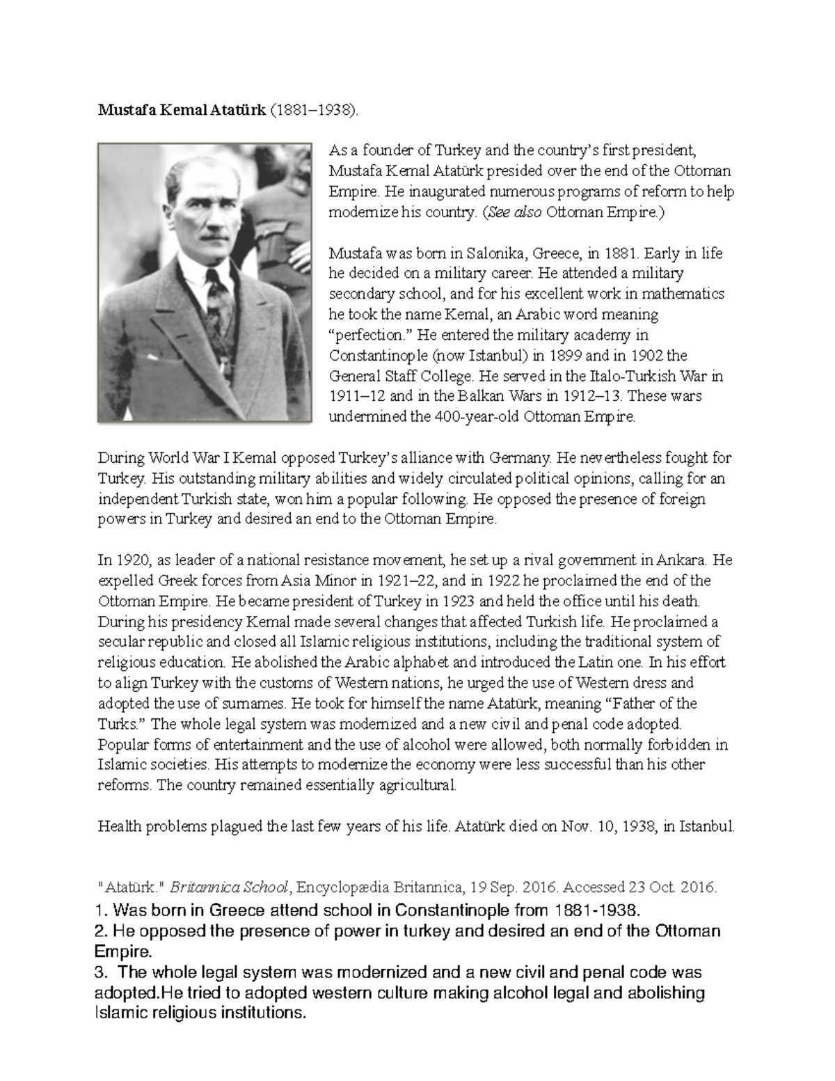 Ataturk - History text - Mustafa Kemal Atatürk (1881–1938). As a ...
