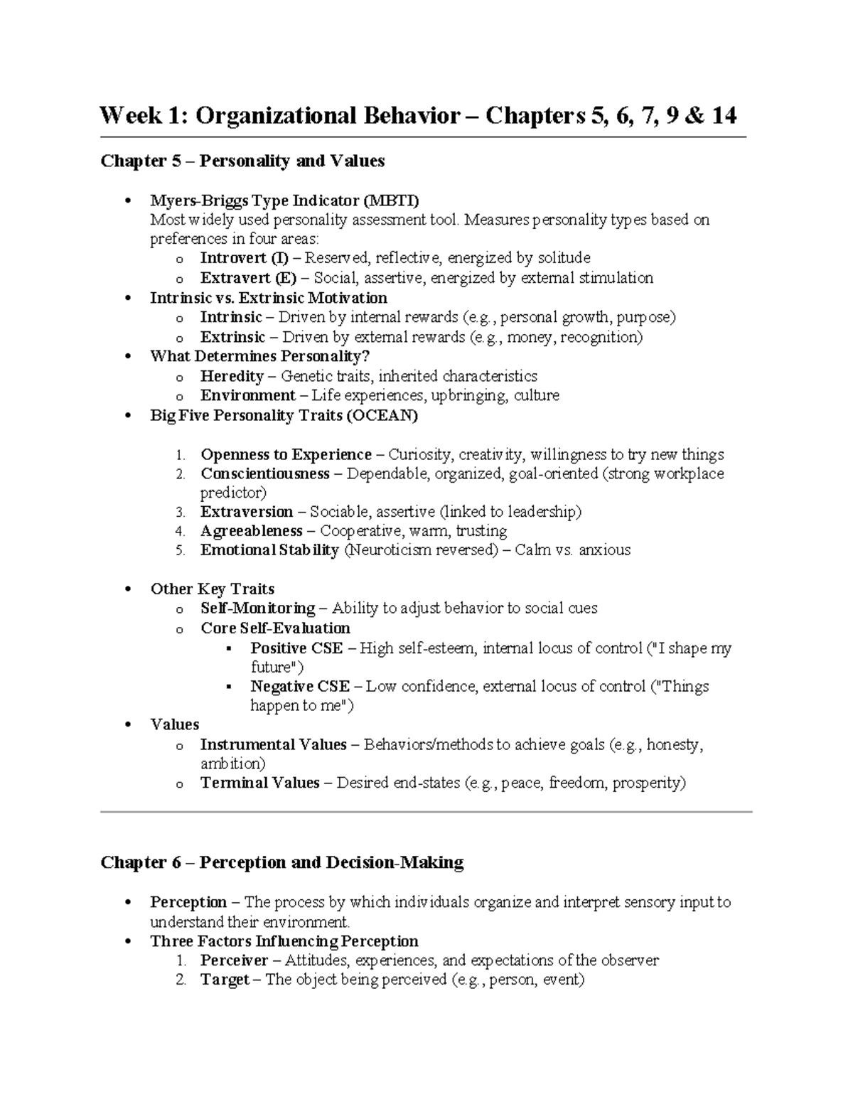 Week 1: Org Behavior Ch. 5-7, 9 - Personality, Perception, Motivation ...