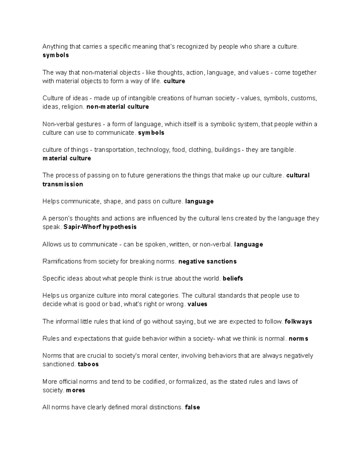 Quiz 4 Study Guide: Culture: Symbols, Values, and Norms - Anything that ...