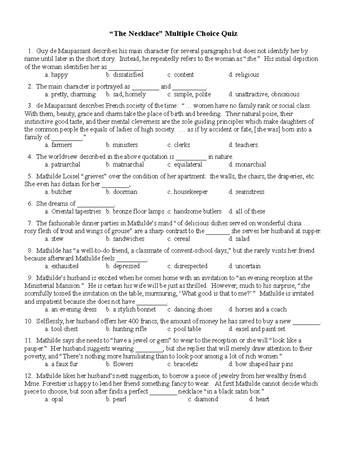 The Necklace Multiple Choice Quiz and KEY 25q - “The Necklace” Multiple ...