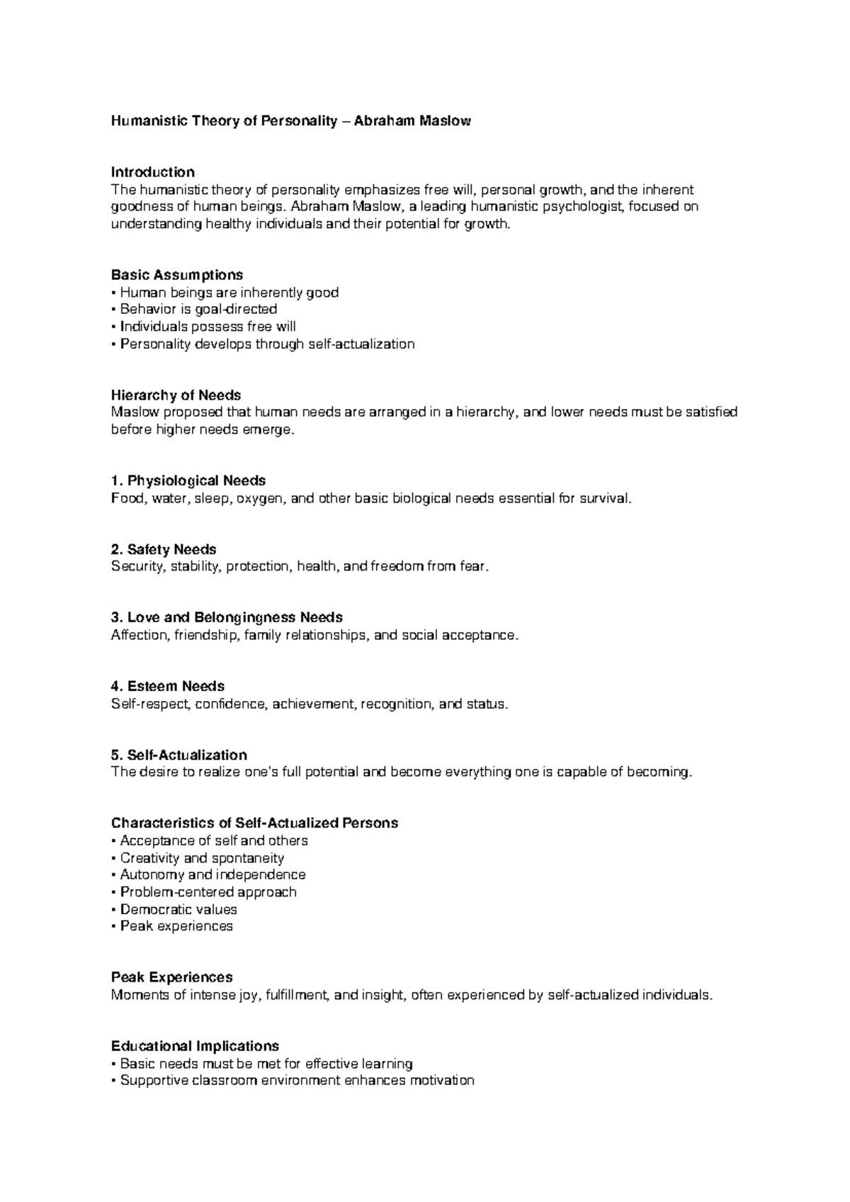 Humanistic Theory of Personality: Insights from Maslow's Hierarchy ...