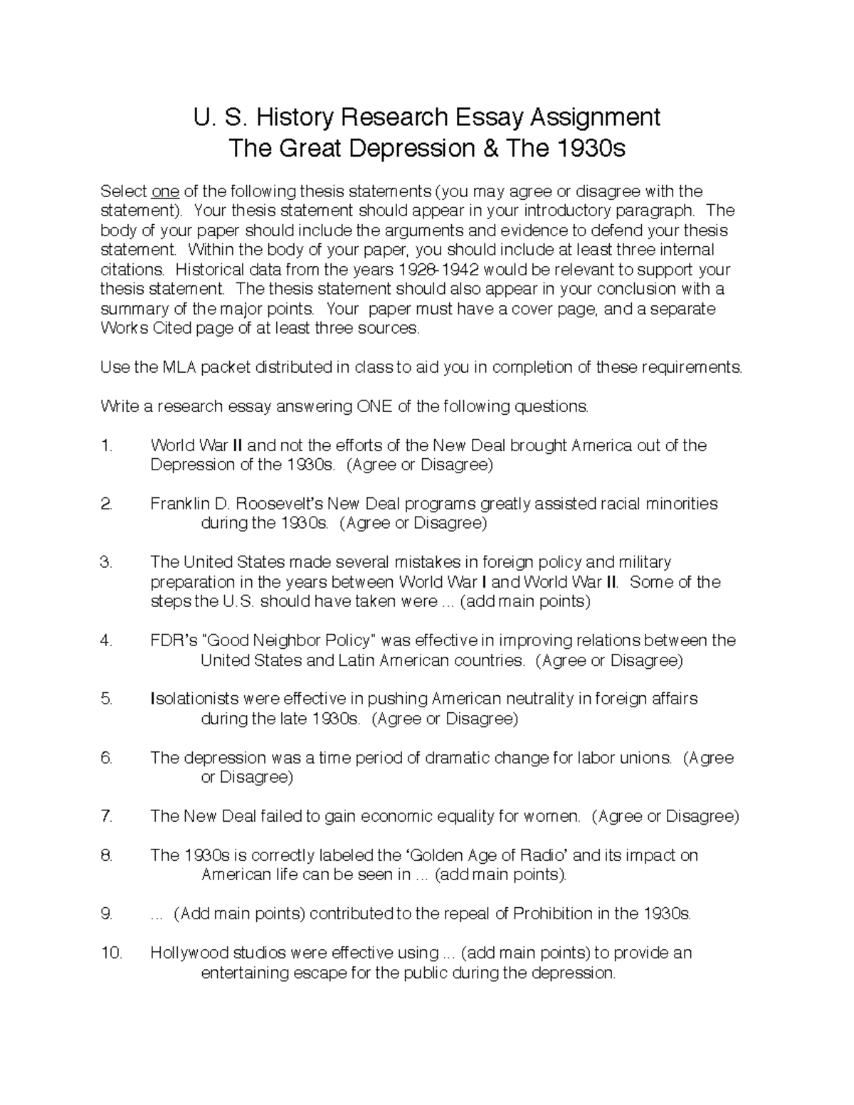 9.4 New Deal Essay - U. S. History Research Essay Assignment The Great ...