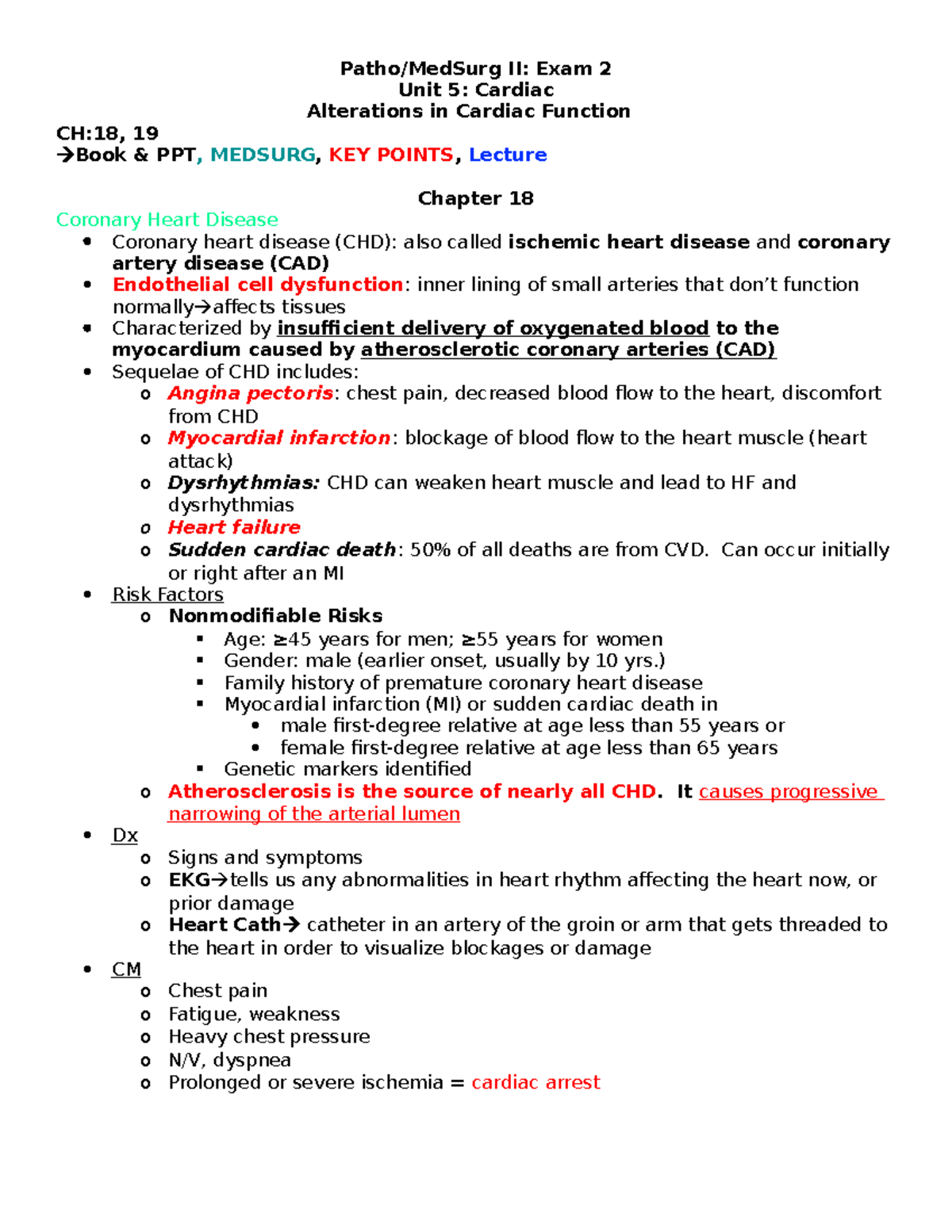 Patho MEDSURG II: Exam 2 Unit 5 - Cardiac Function Alterations & Key ...