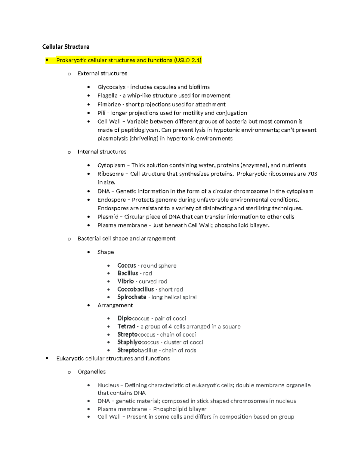 Micro Unit 2 Study Guide: Prokaryotic & Eukaryotic Cell Structures ...