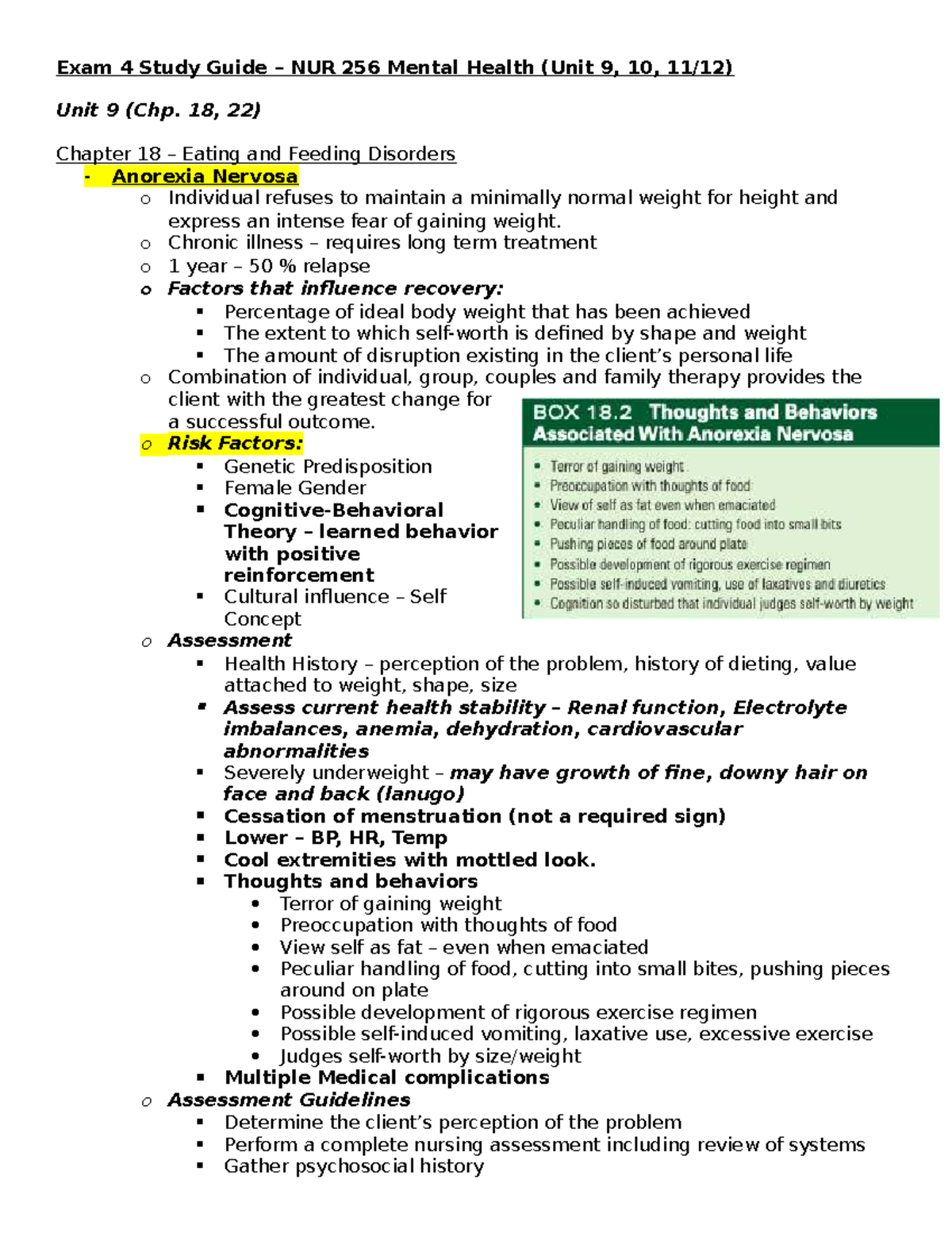 Exam 4 Study Guide NUR 256 Mental Health: Eating Disorders & Addictive ...