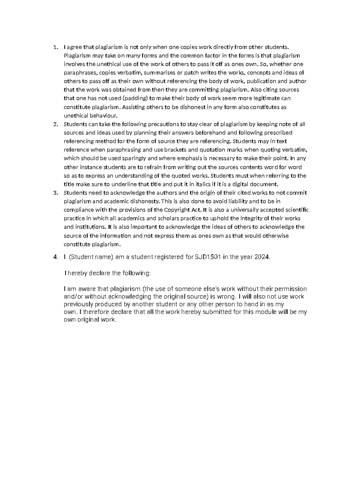 SJD1501 Assignment 1: Understanding and Avoiding Plagiarism - Studocu