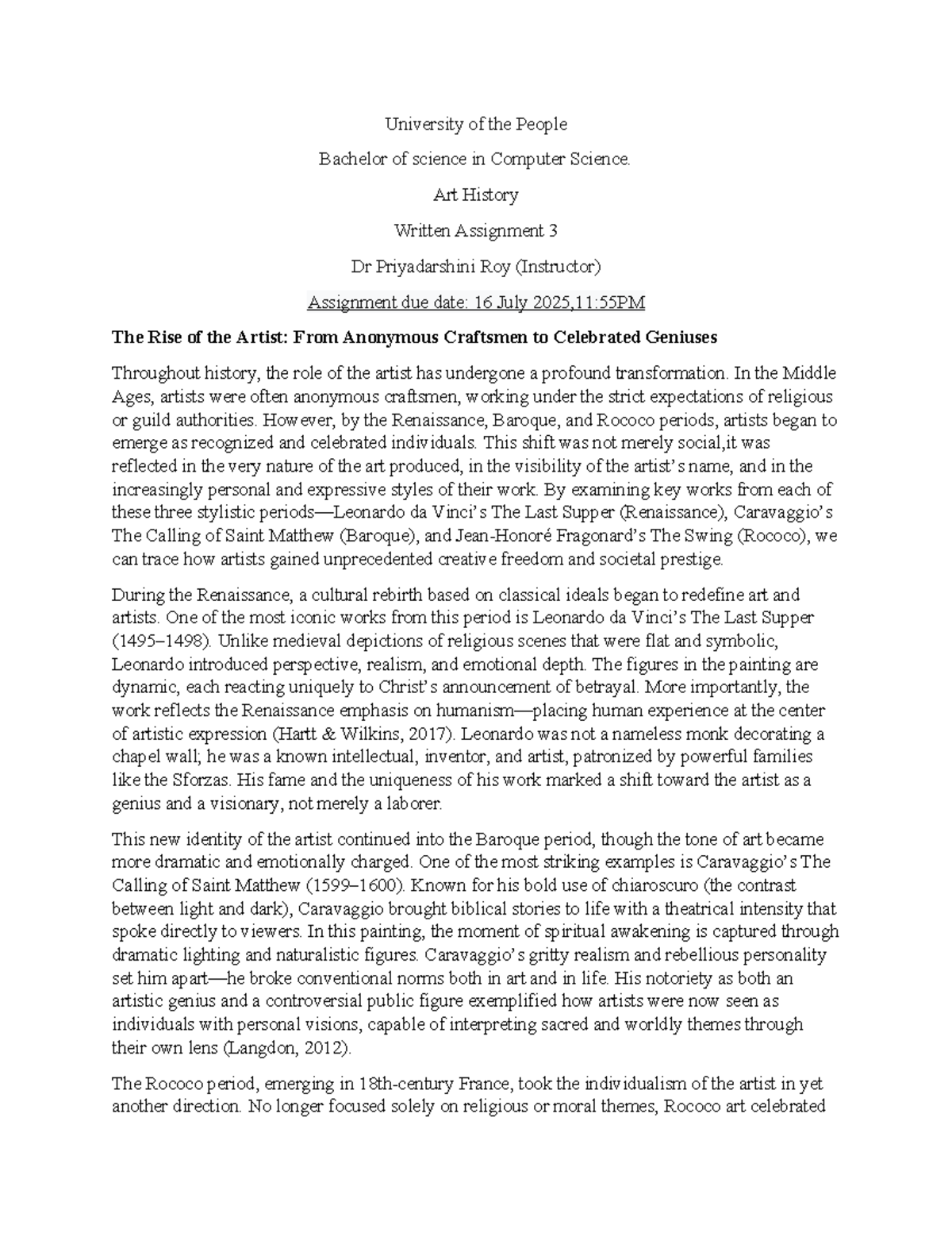 UoPeople BSc CS: Art History Written Assignment 3 - The Rise of the ...