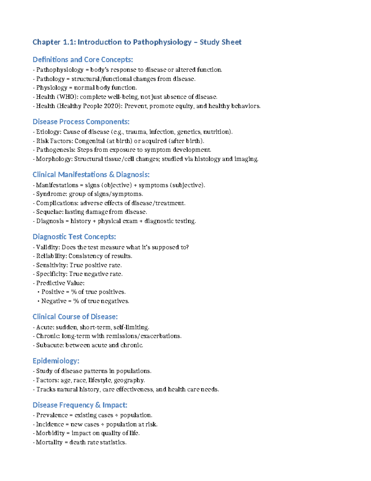 Module 1: Study Sheet on Pathophysiology, Cellular Communication, and ...