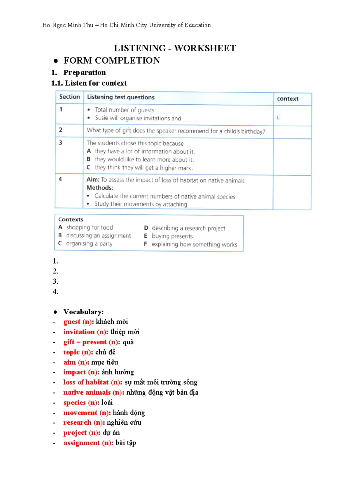 Listening - Form completion #1 Worksheet - LISTENING - WORKSHEET FORM ...