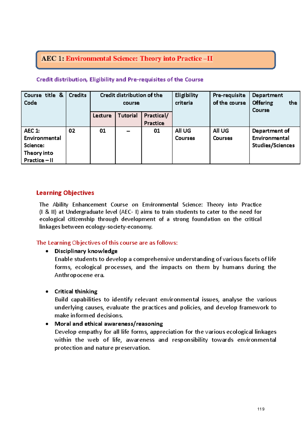 AEC 1: Environmental Science II Syllabus and Course Overview - Studocu