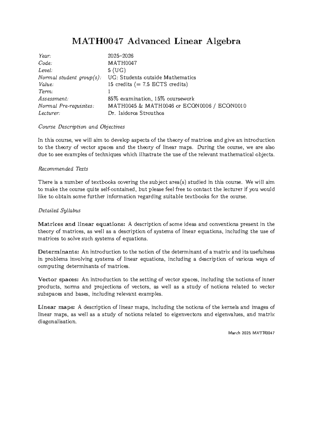 MATH0047 Advanced Linear Algebra Course Overview and Syllabus - Studocu