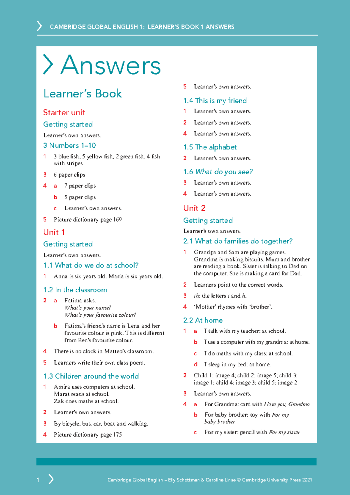CAMBRIDGE GLOBAL ENGLISH 1: BOOK 1 LEARNER ANSWERS - Studocu