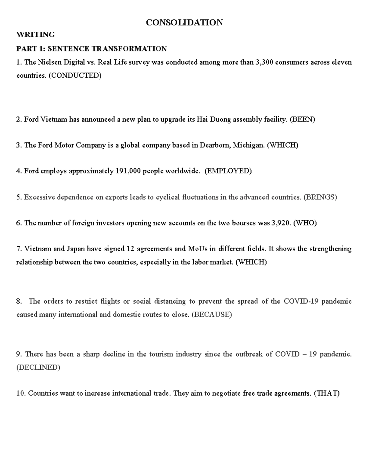 Consolidation Writing Part 1 & 2: Sentence Transformation & Building ...