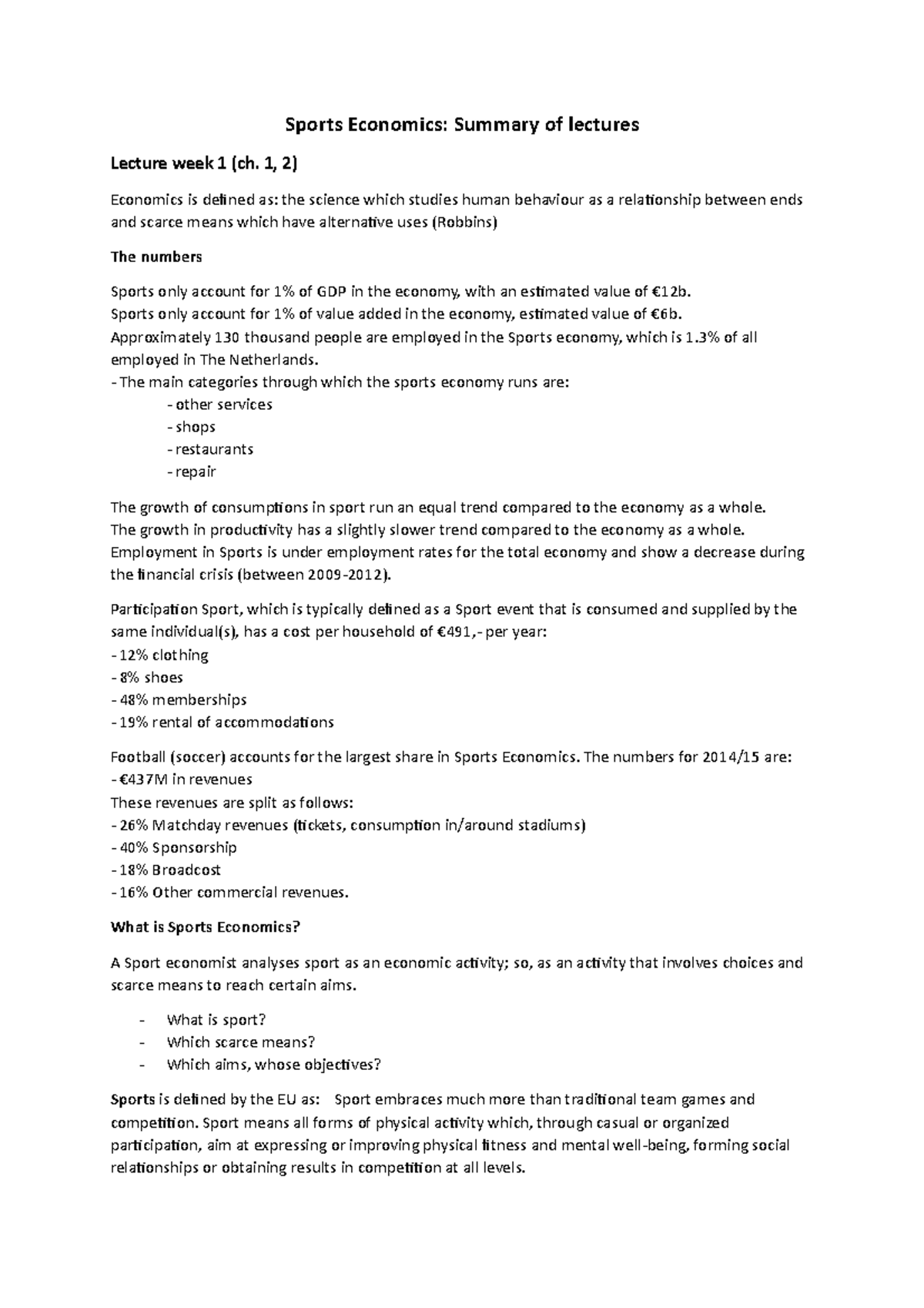 Sports Economics Summary: Key Insights from Weeks 1-5 (Ch. 1-11 ...
