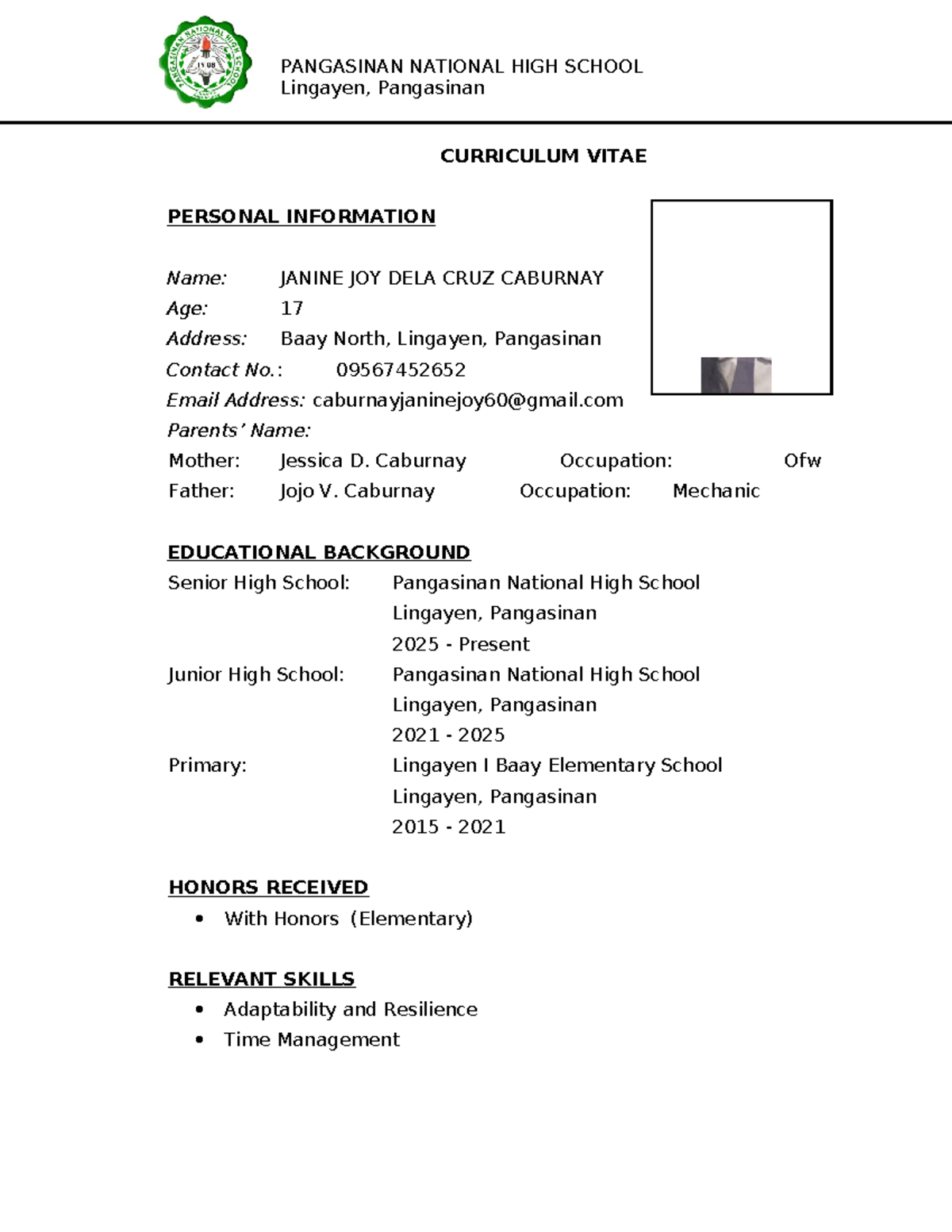 Sample Curriculum Vitae 1 - PANGASINAN NATIONAL HIGH SCHOOL Lingayen ...