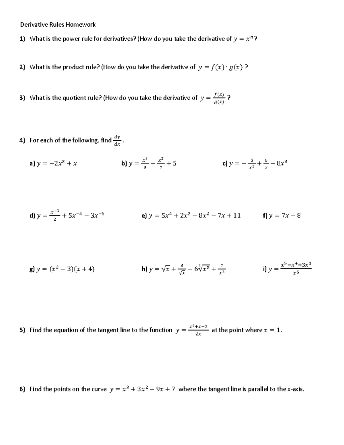 Derivative Rules Homework (MATH 101) - Studocu