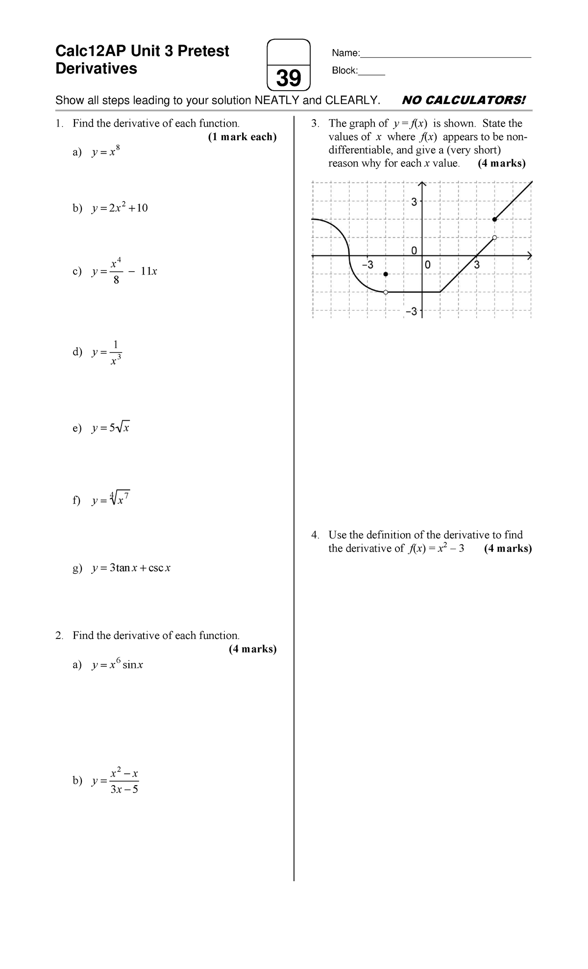 Calc12AP Unit 3 Pretest: Derivatives & Solutions Steps - Studocu