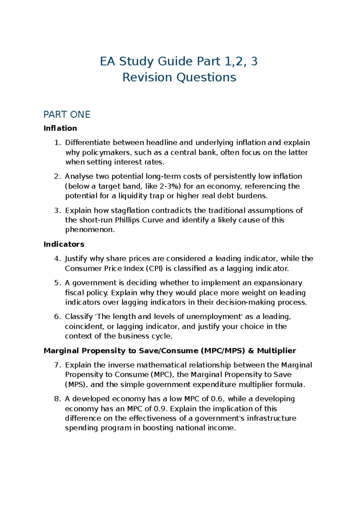 EA Study Guide: Part 1, 2, 3 Revision Questions on Inflation & Economic ...