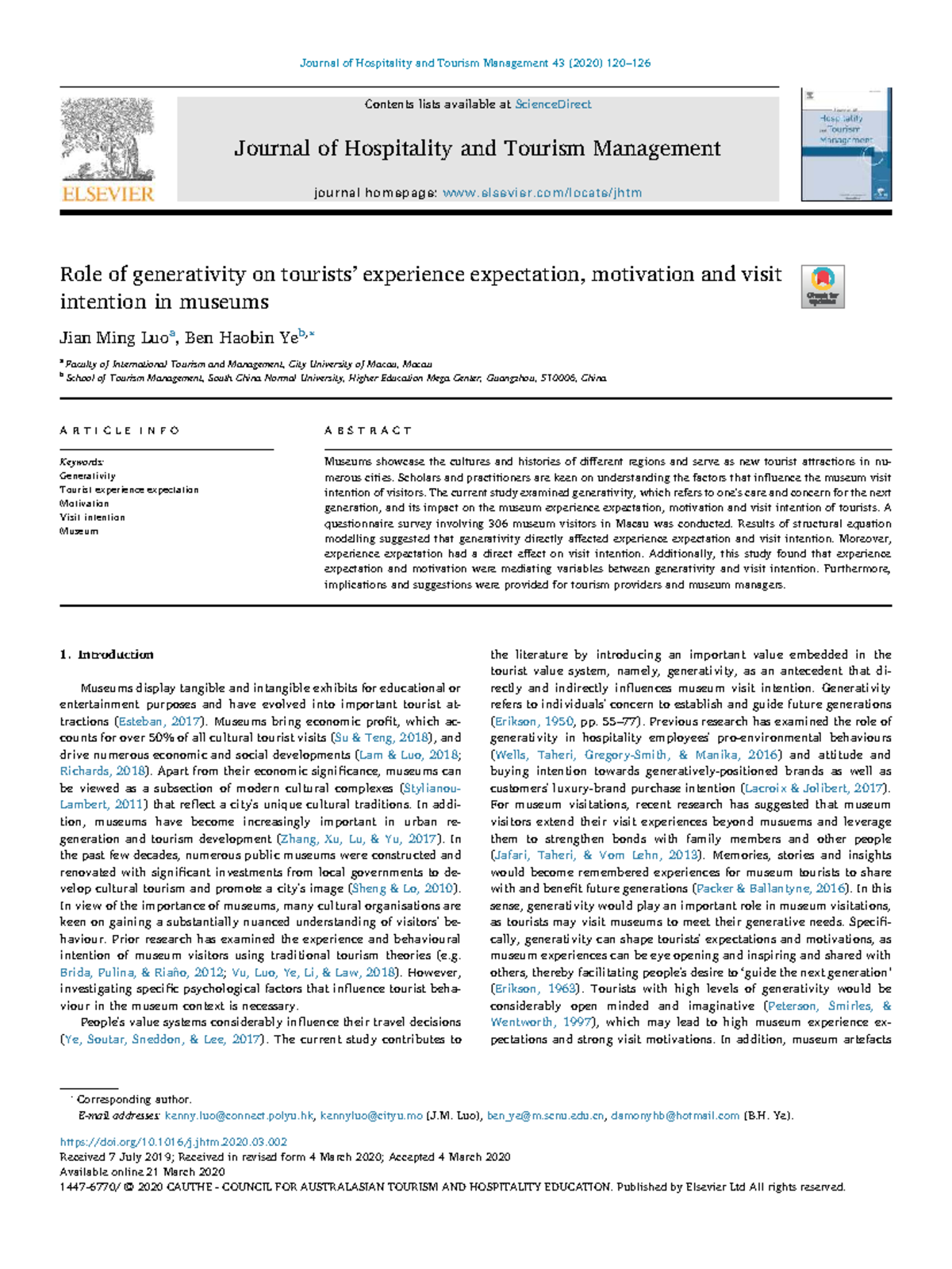 The Role of Generativity in Museum Visit Intention: Insights from Macau ...