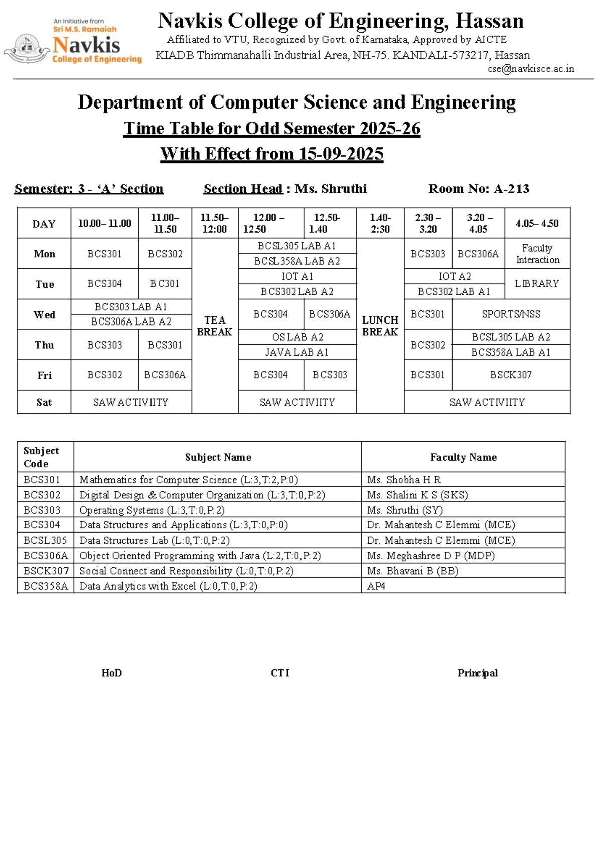 3rd Sem CSE Time Table (Odd Semester) 2025-26 - Studocu
