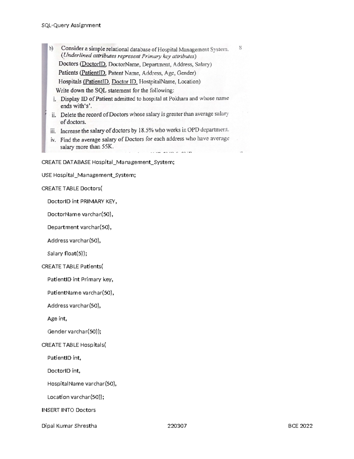 SQL-Query-Assignment 2 - CREATE DATABASE Hospital_Management_System ...