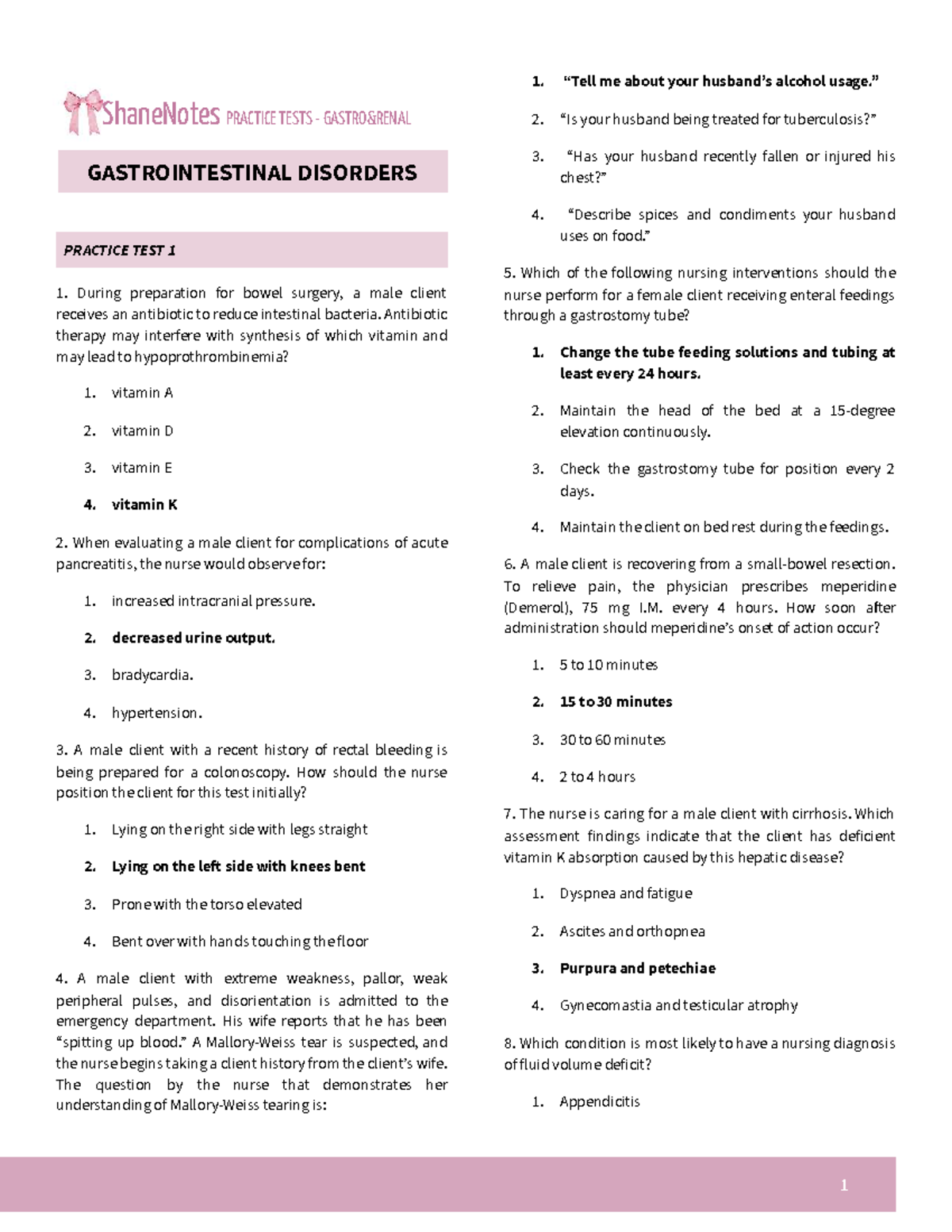 GASTROINTESTINAL DISORDERS PRACTICE TESTS (CA) - Studocu