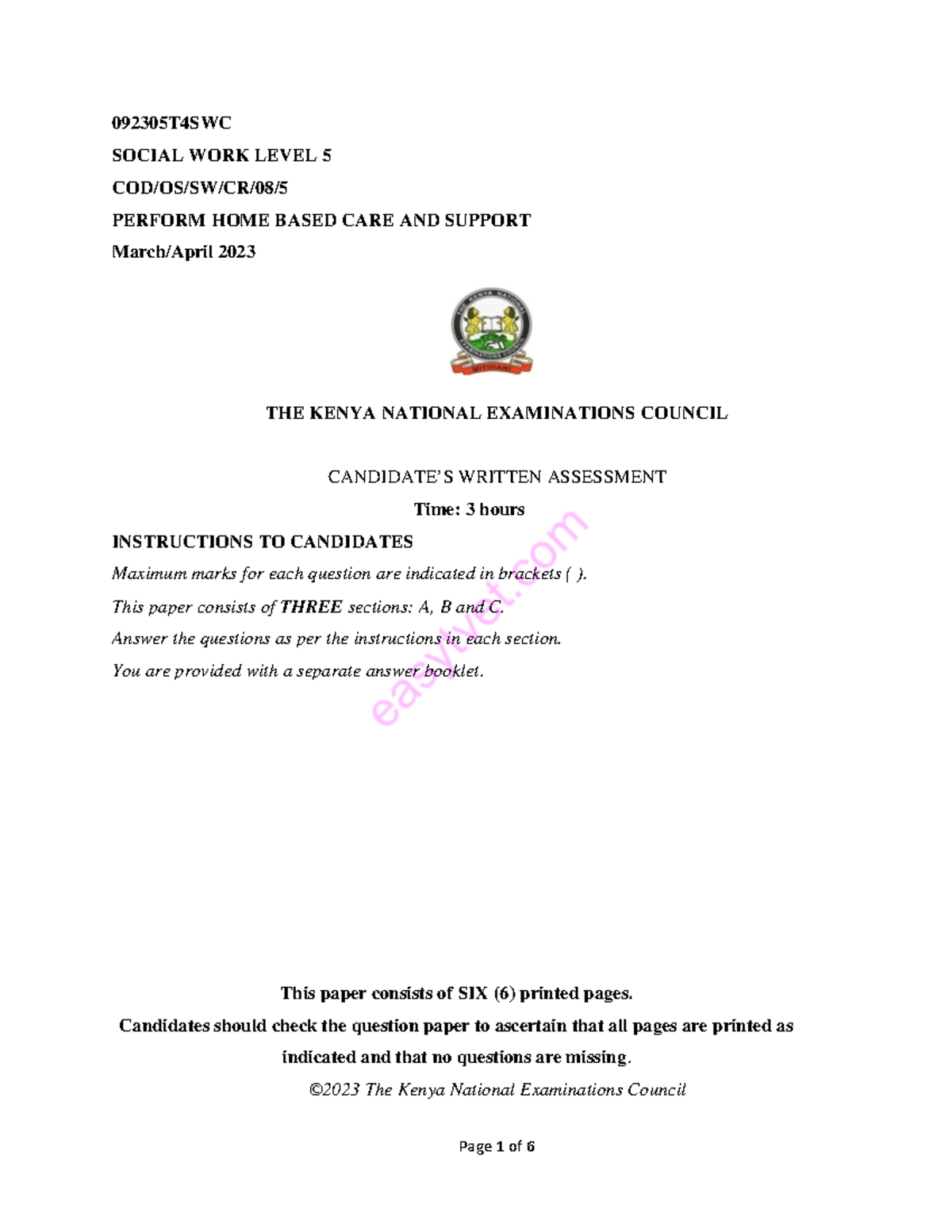 092305T4SWC SOCIAL WORK LEVEL 5 HOME BASED CARE ASSESSMENT NOTES 2023 ...