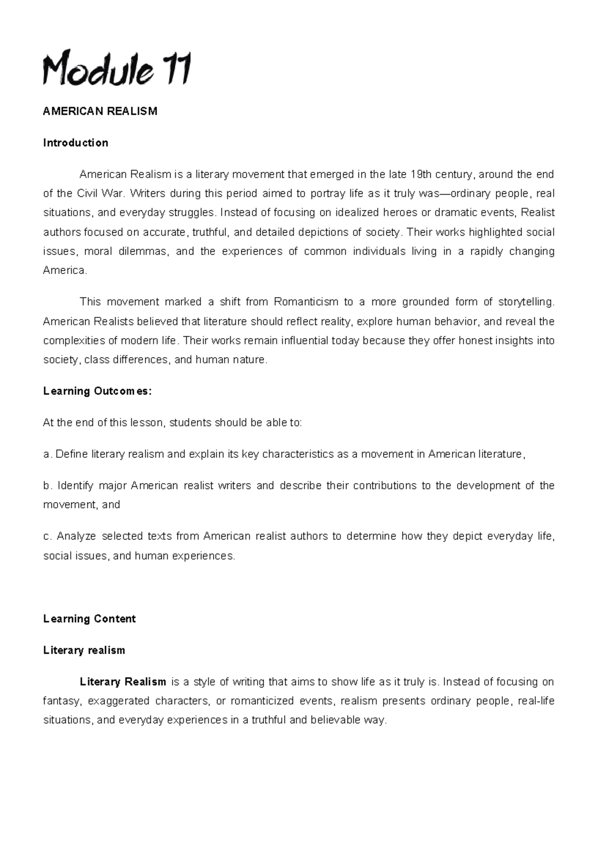 AMERICAN REALISM: Key Writers and Themes - Module 11 Outline - Studocu