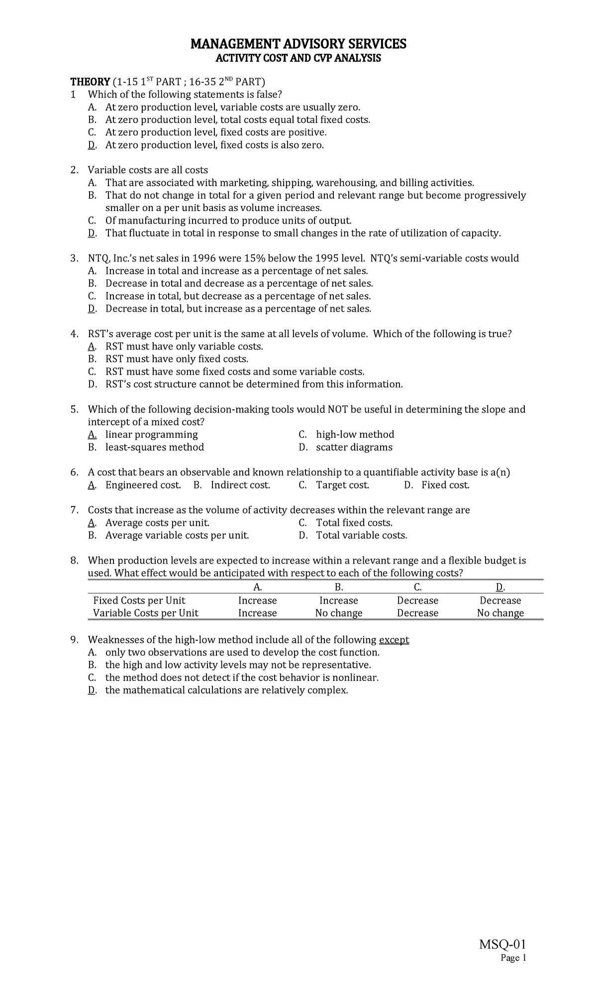 MAS Final Exam Reviewer: Activity Cost & CVP Analysis - Studocu