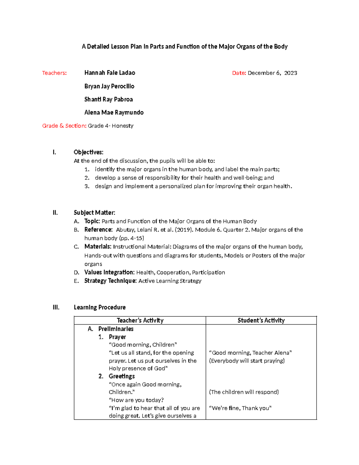 Detailed Lesson Plan: Major Organs of the Body - Science 4 - EDUC9 ...
