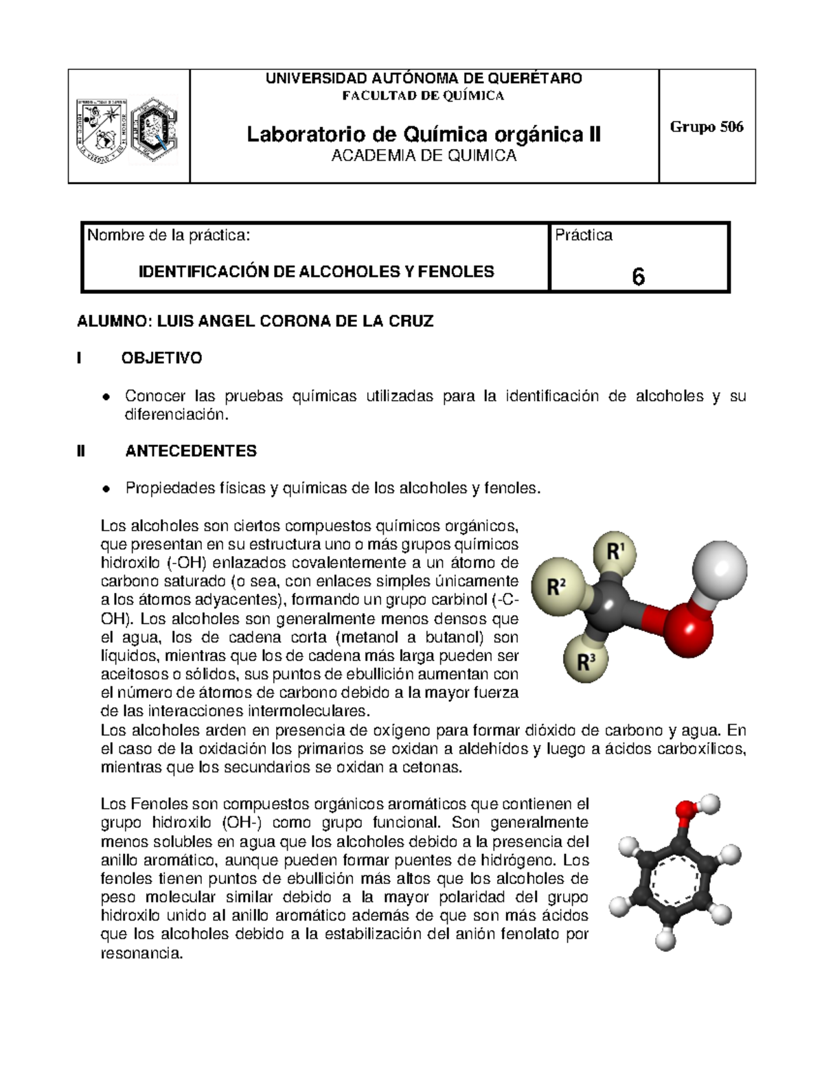 Práctica 6 - Identificación de Alcoholes y Fenoles en Química Orgánica II - Studocu