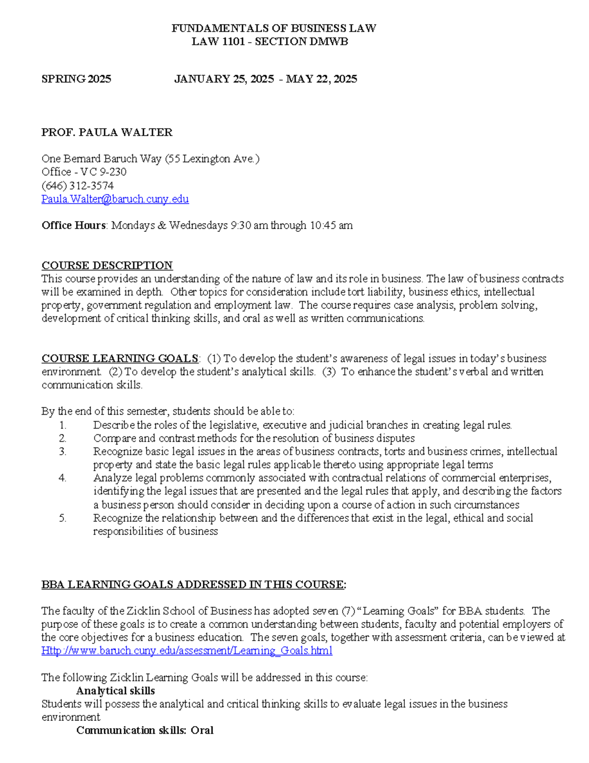 LAW 1101 Syllabus - Fundamentals of Business Law (Spring 2025) - Studocu
