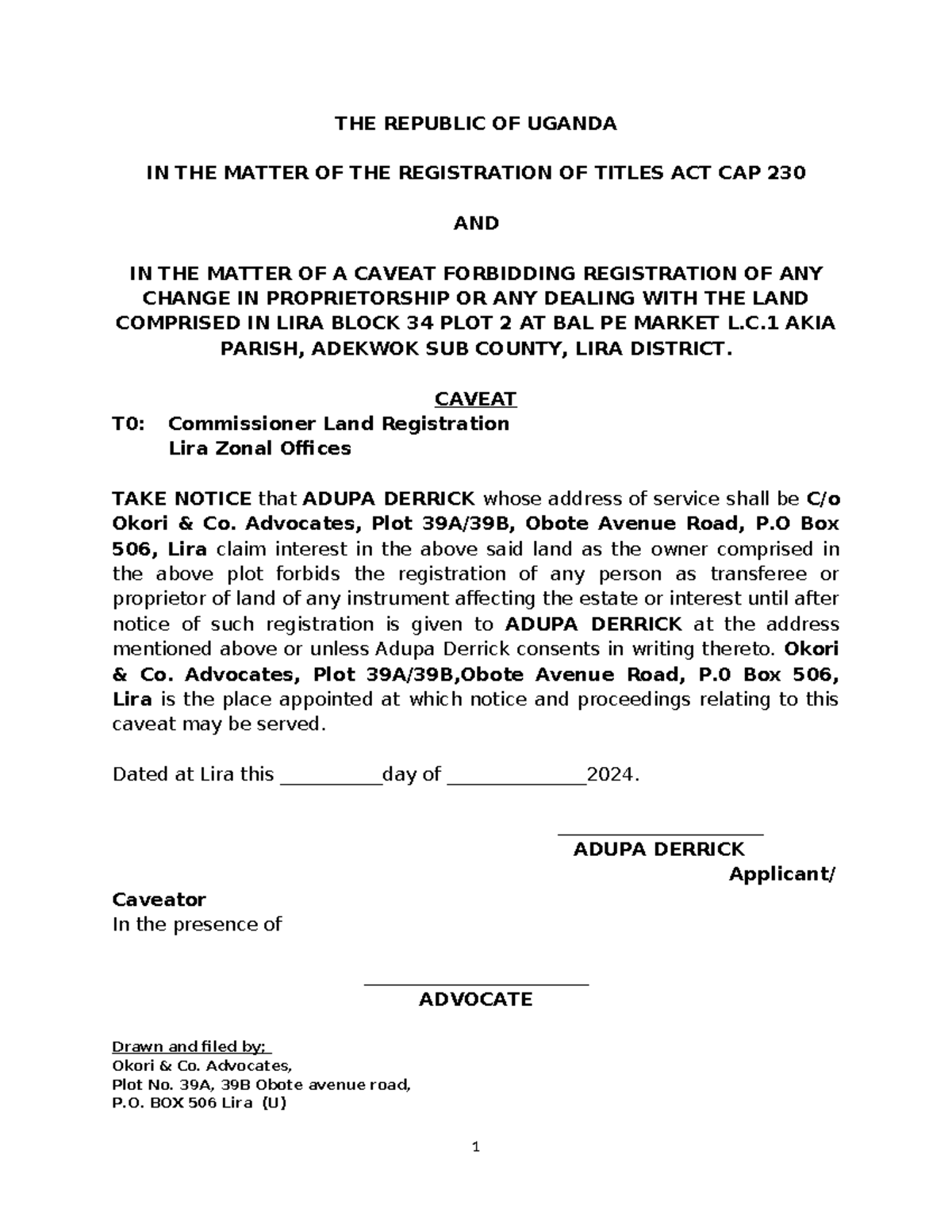 Caveat Emptor Deed & Affidavit in Support - LRA Block 34 Plot 2 - Studocu