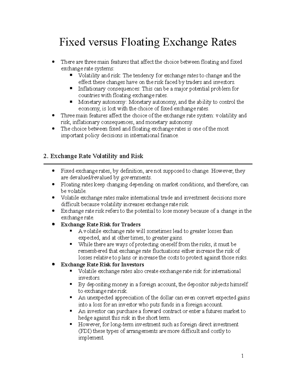 Notes Fixed vs Floating Regimes - Fixed versus Floating Exchange Rates ...