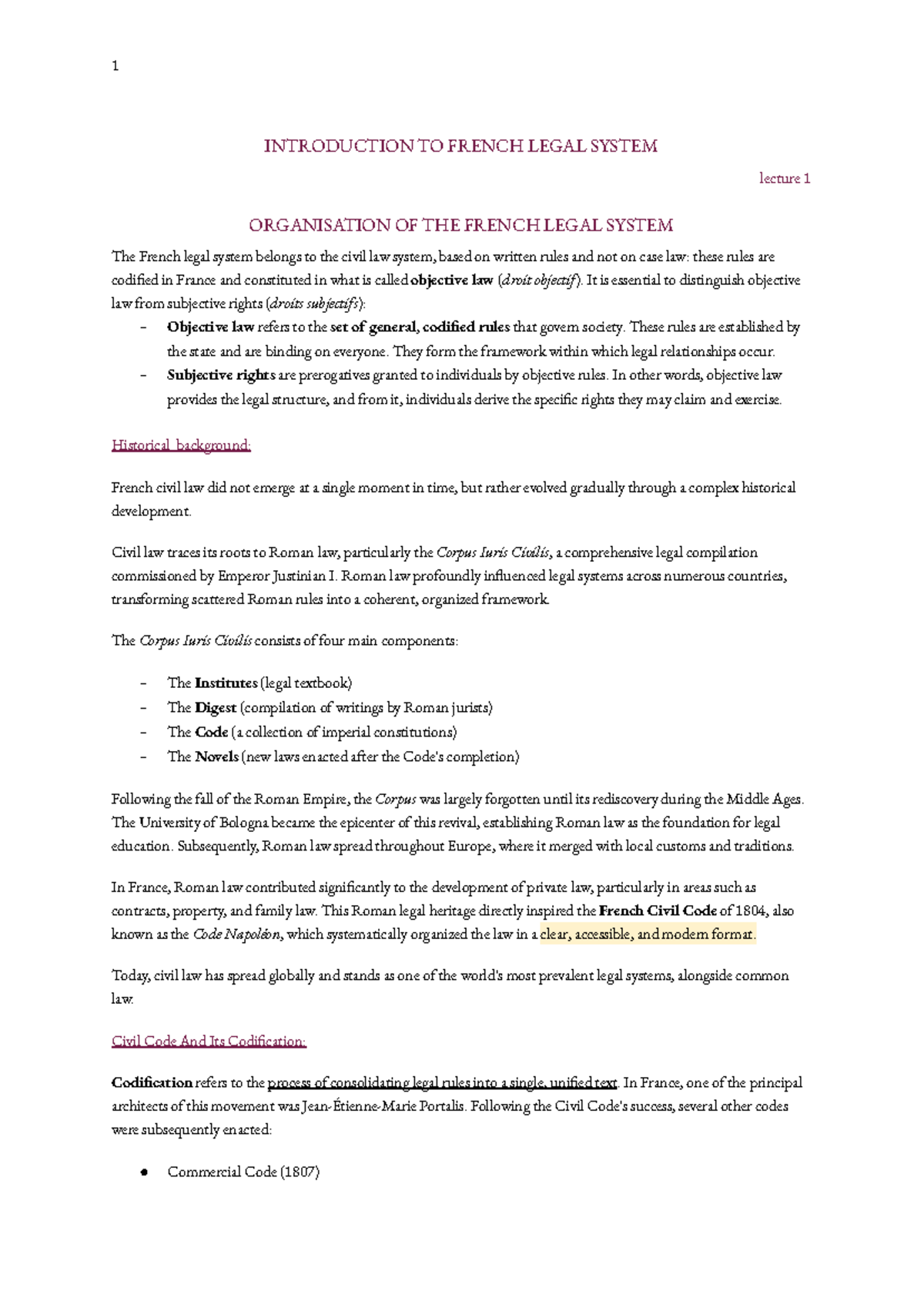 Introduction to French Legal System (LAW101) - Lecture 1: Organization ...