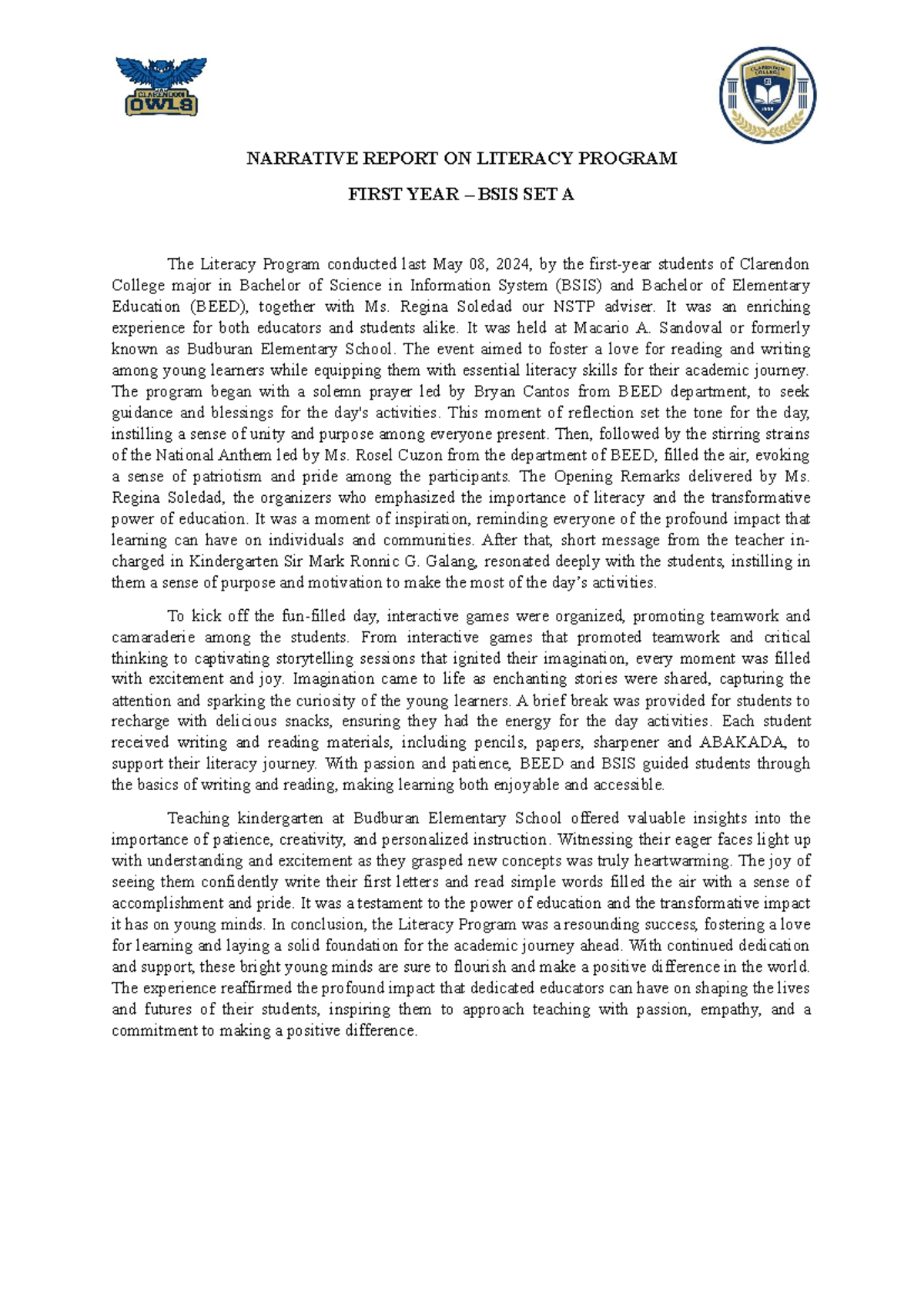 Narrative Report on the Literacy Program - BSIS & BEED 1st Year - Studocu