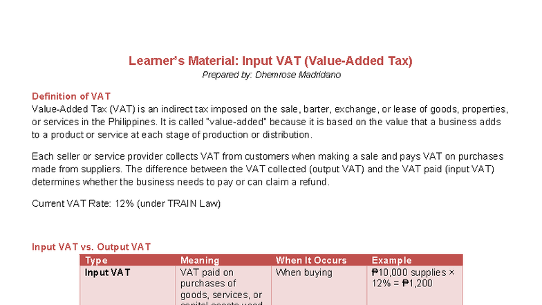 Input VAT Tax Overview: Key Concepts and Scenarios - Studocu
