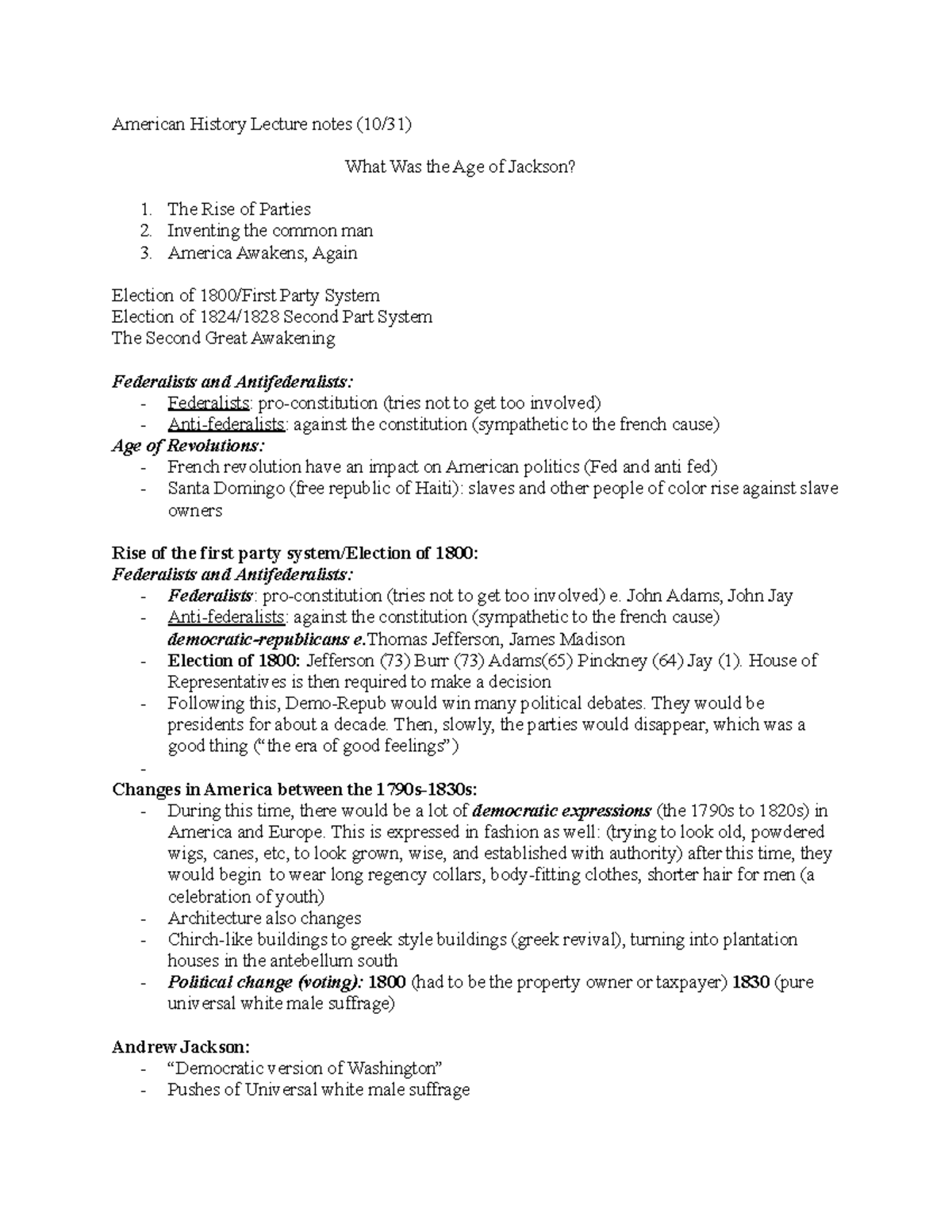 American History Lecture notes (10 31) - American History Lecture notes ...