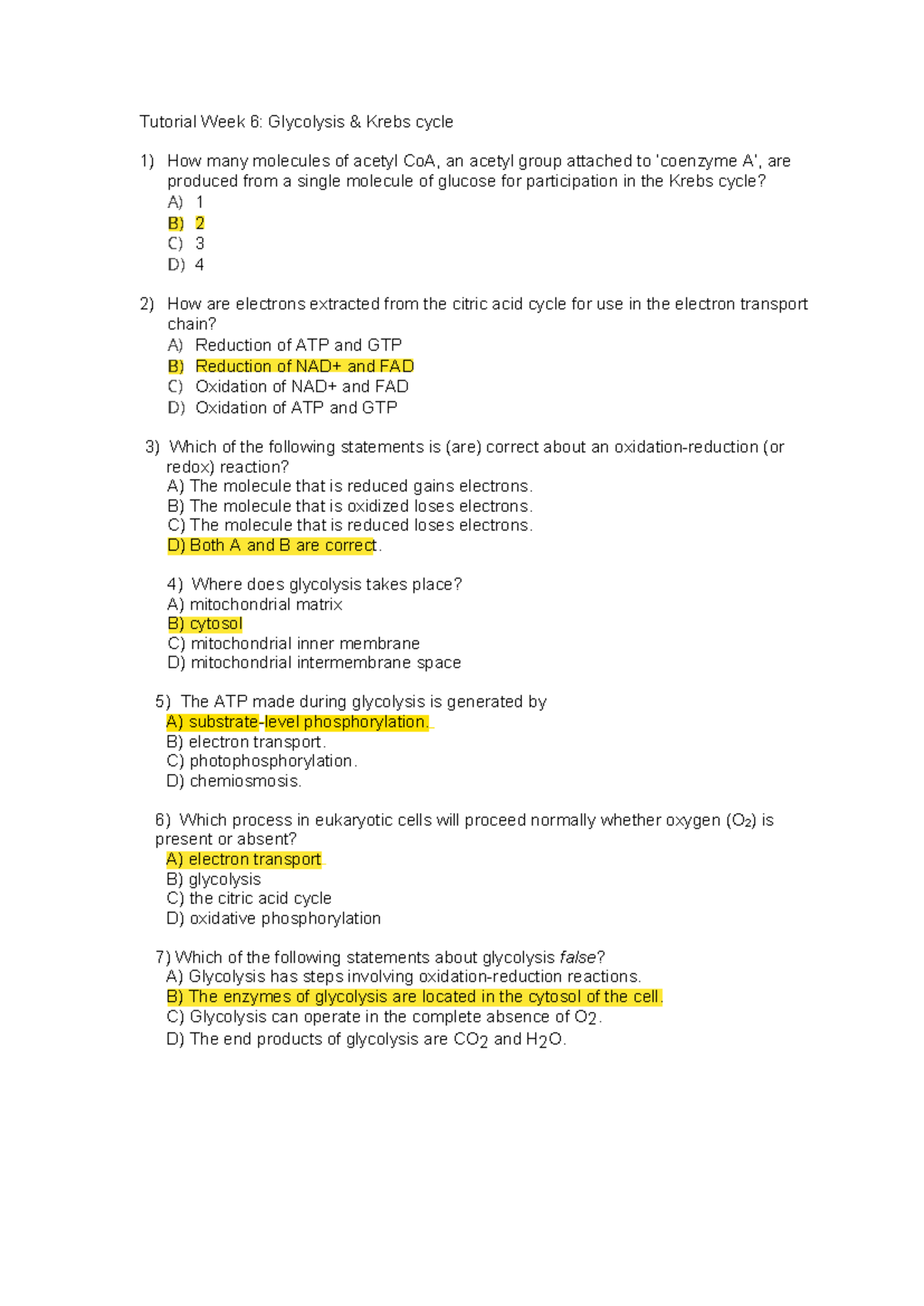 BIO Tutorial Week 6 Question - Tutorial Week 6: Glycolysis & Krebs ...