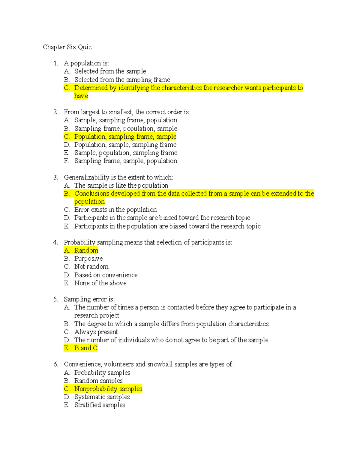 Chapter 6 Quiz - Sampling and Population Concepts - Studocu