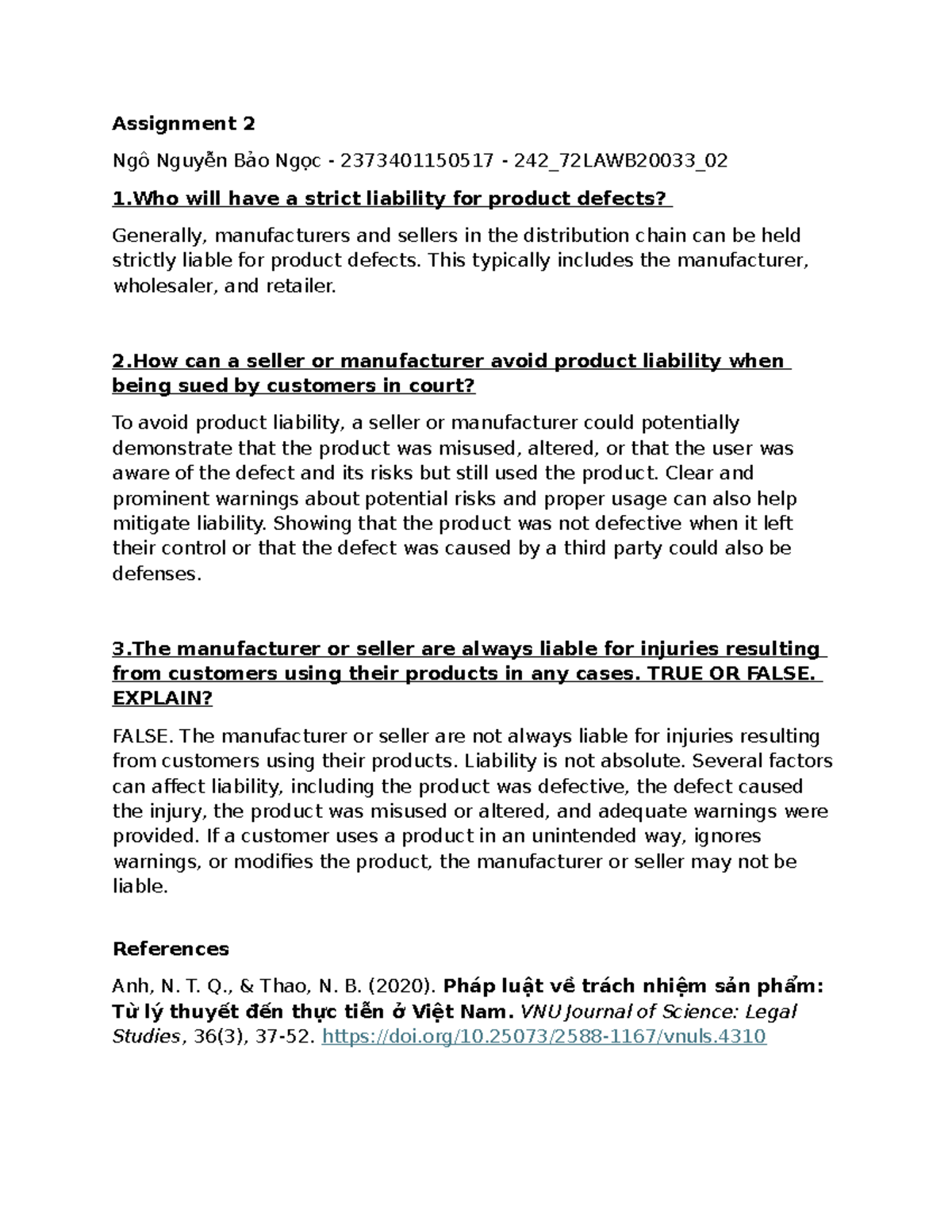 Assignment 2: Strict Liability & Product Defects in LAWB20033 - Studocu