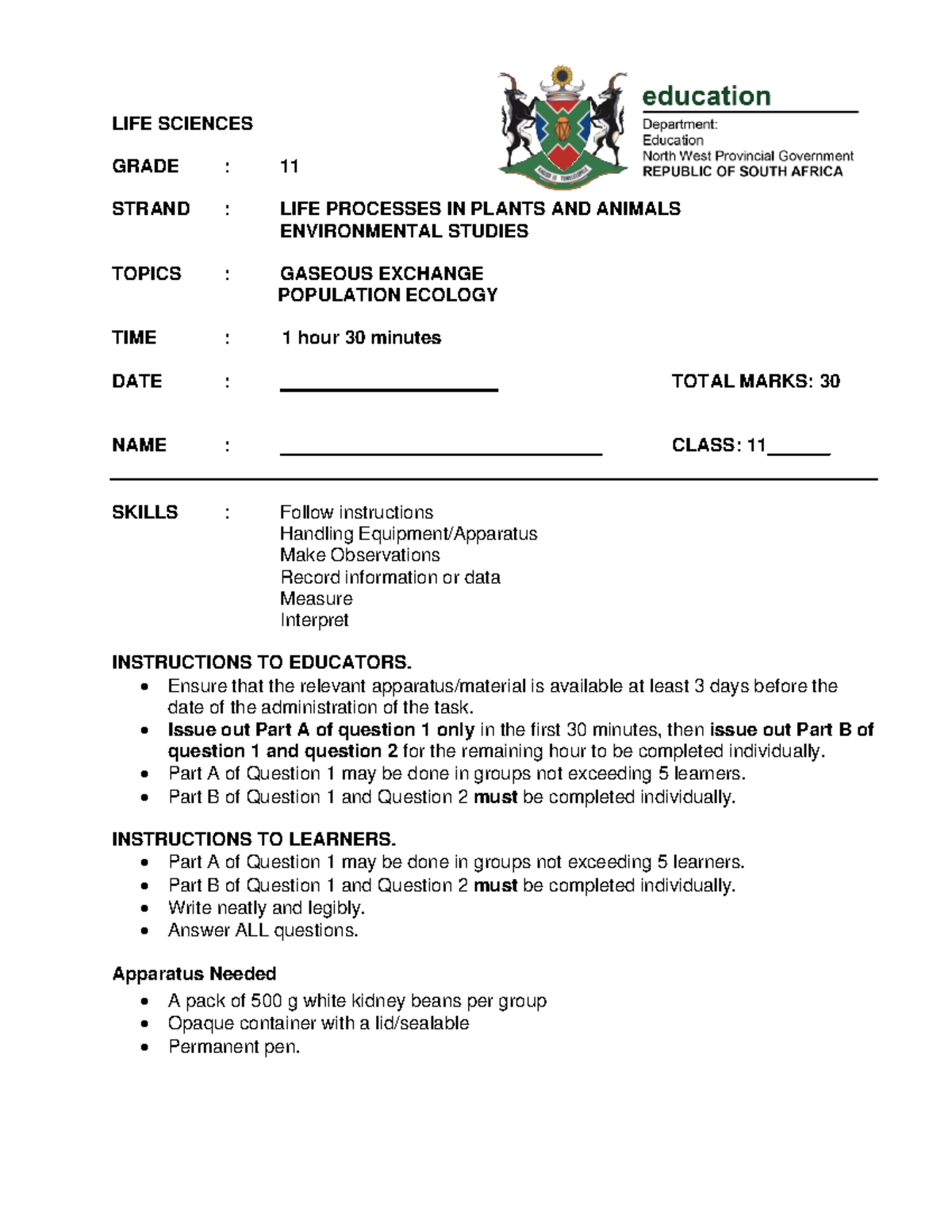 Grade 11 Life Sciences Term 3 Practical Task 2024 QP: Gaseous Exchange ...