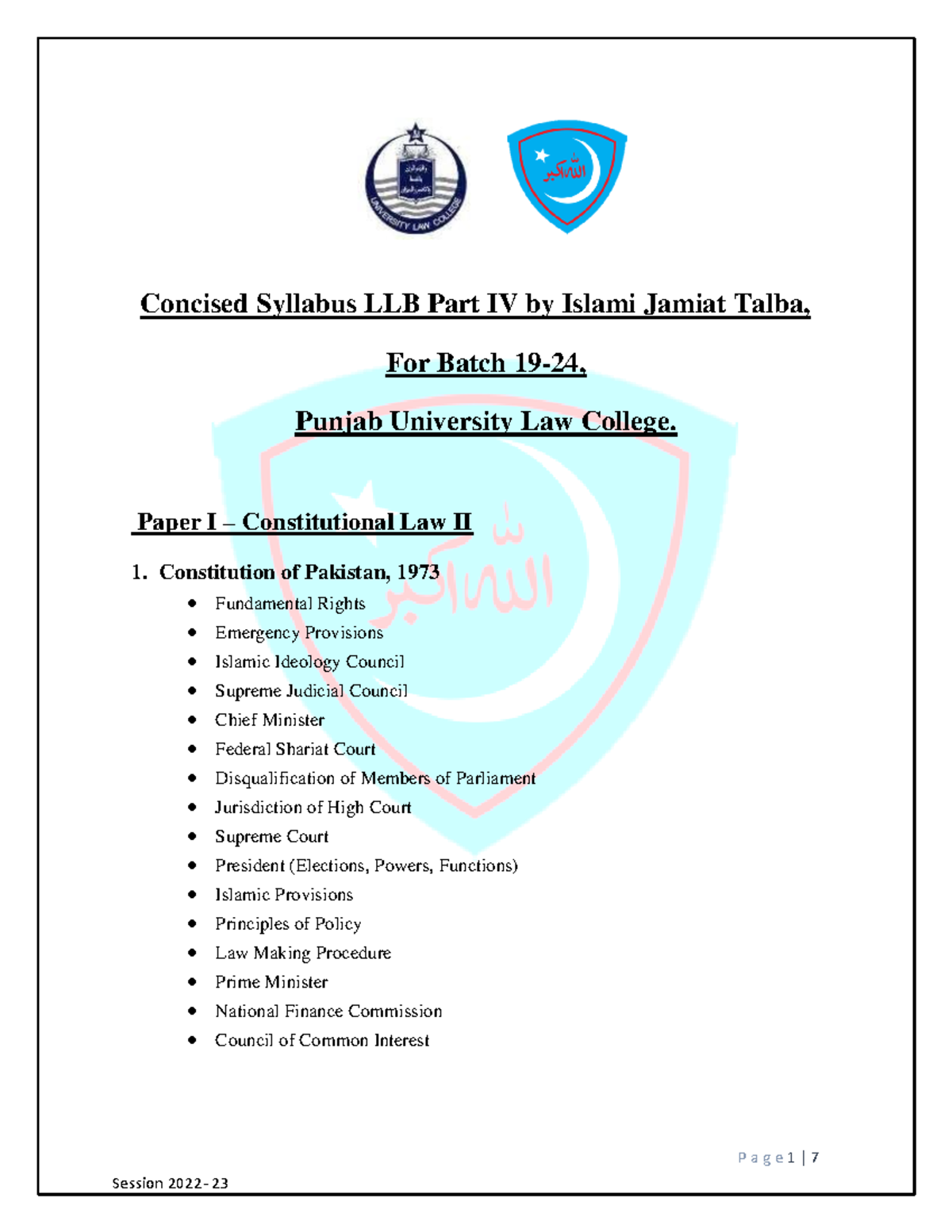 Concised Syllabus for LLB IV (Batch 19-24) by Islami Jamiat Talba - Studocu
