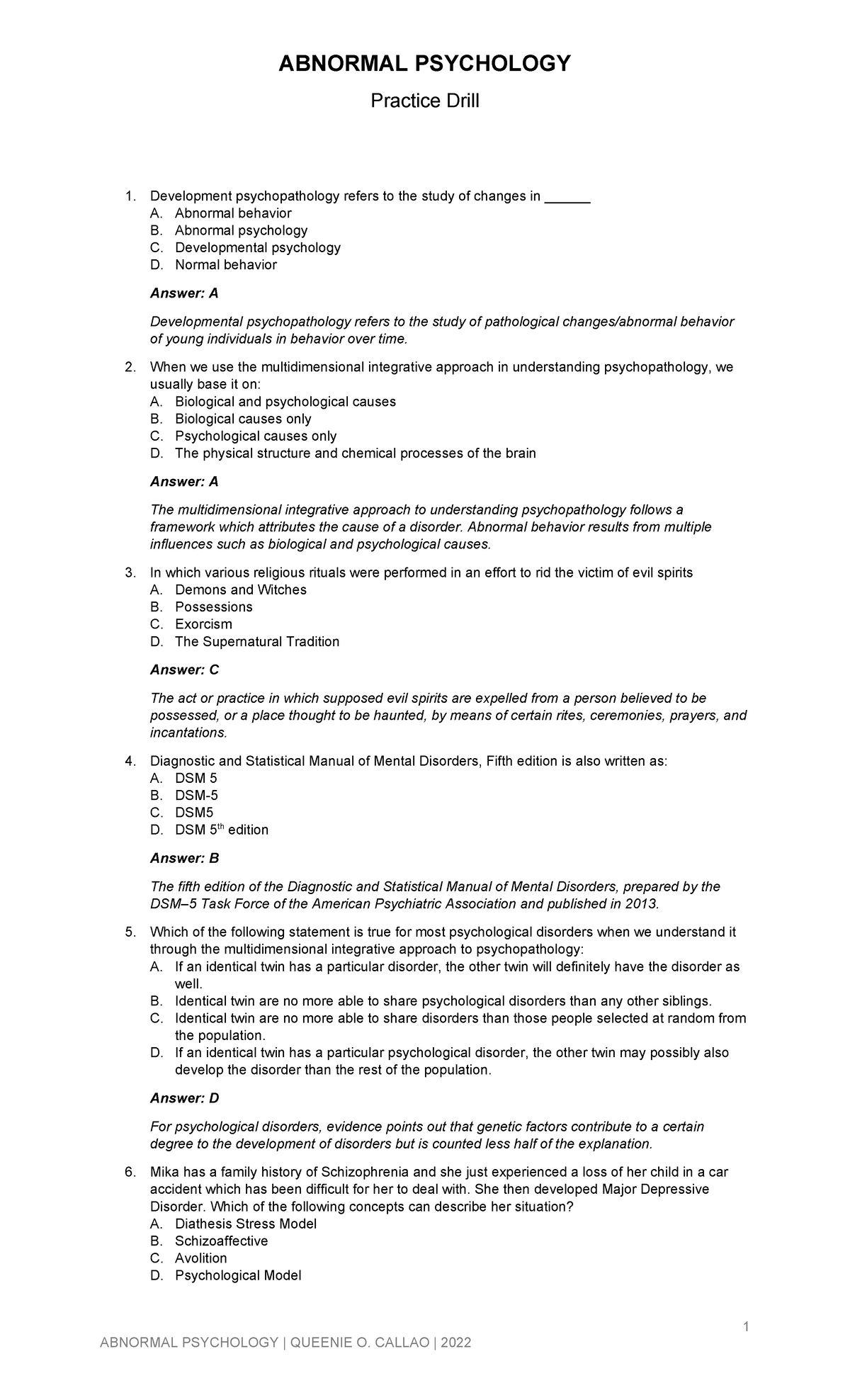 Practice Test: Abnormal Psychology - Key Concepts and Questions - Studocu