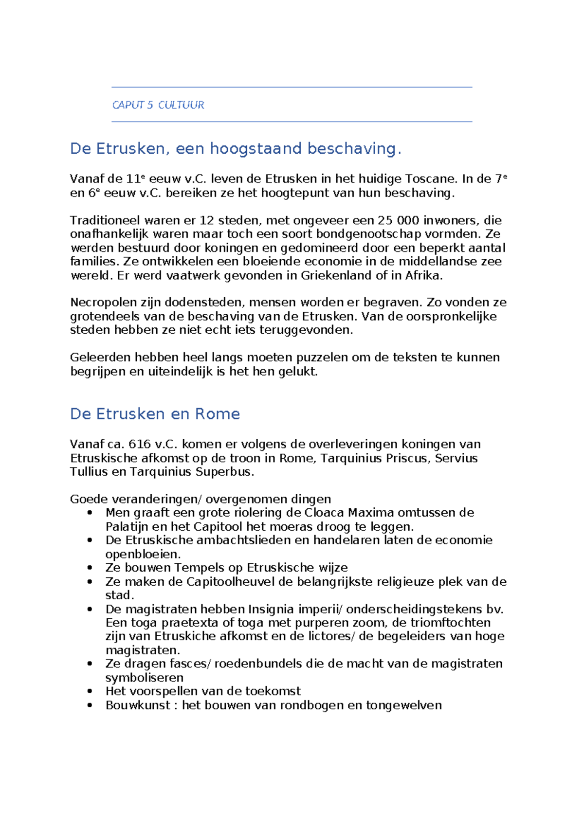 Caput 5 Cultuur: De Etrusken en Hun Hoogstaande Beschaving - Studocu