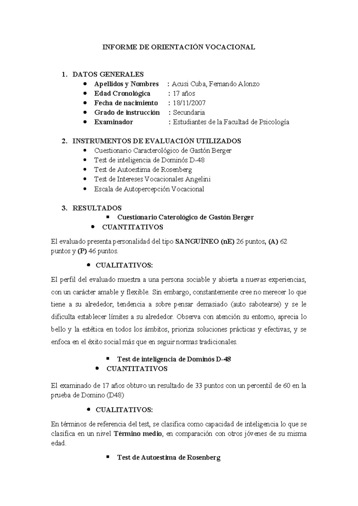 Informe de Orientación Vocacional: Ejemplo de Evaluación - Studocu